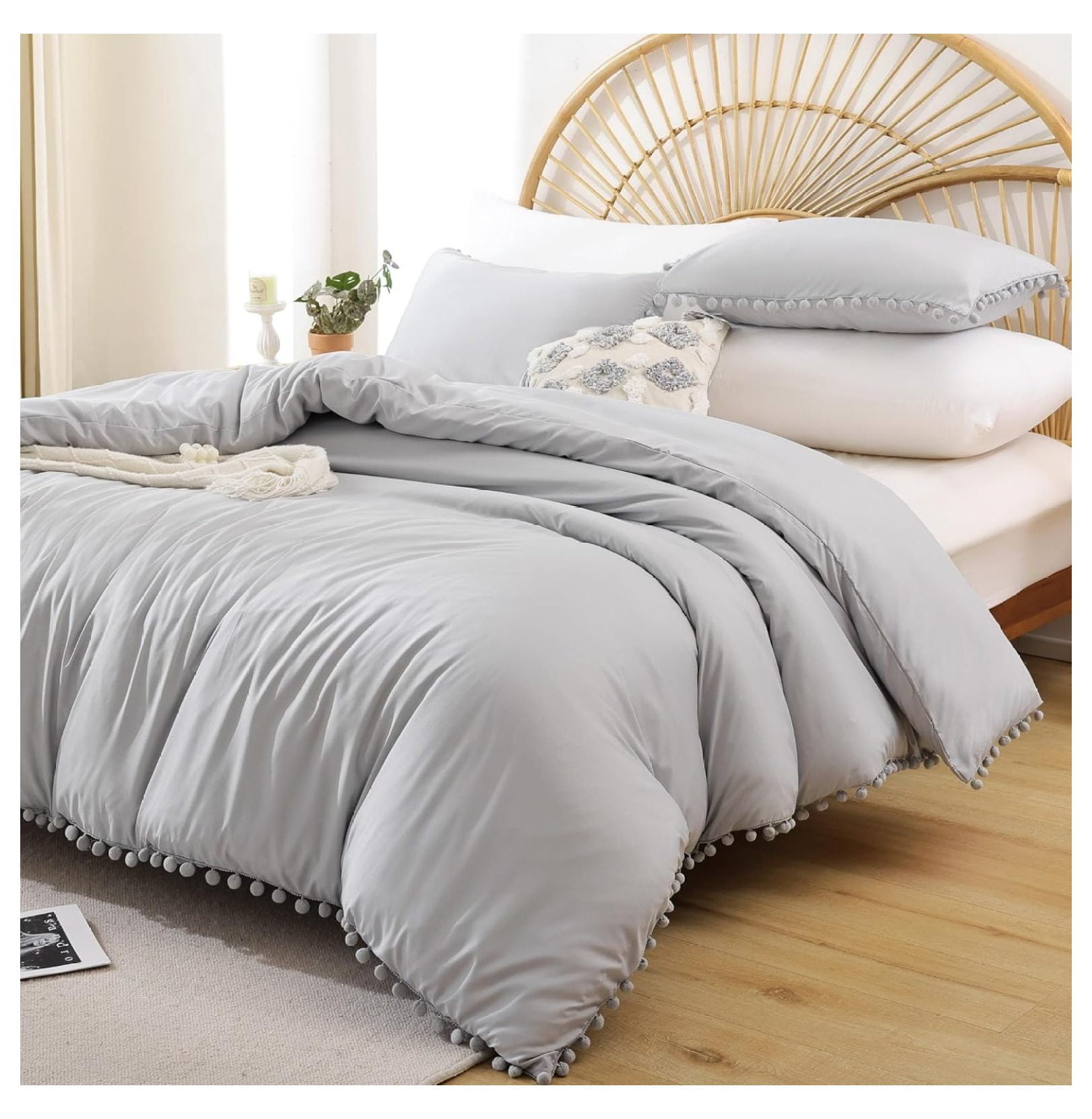 Echoworld Light Grey Pom Fringe Design Queen Comforter Set 3pcs, Boho ...