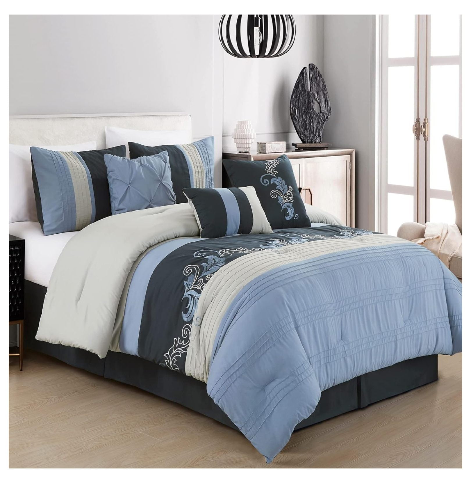 Echoworld Napa 7-Piece Luxury Autumn Leaves Scroll Embroidery Bedding ...