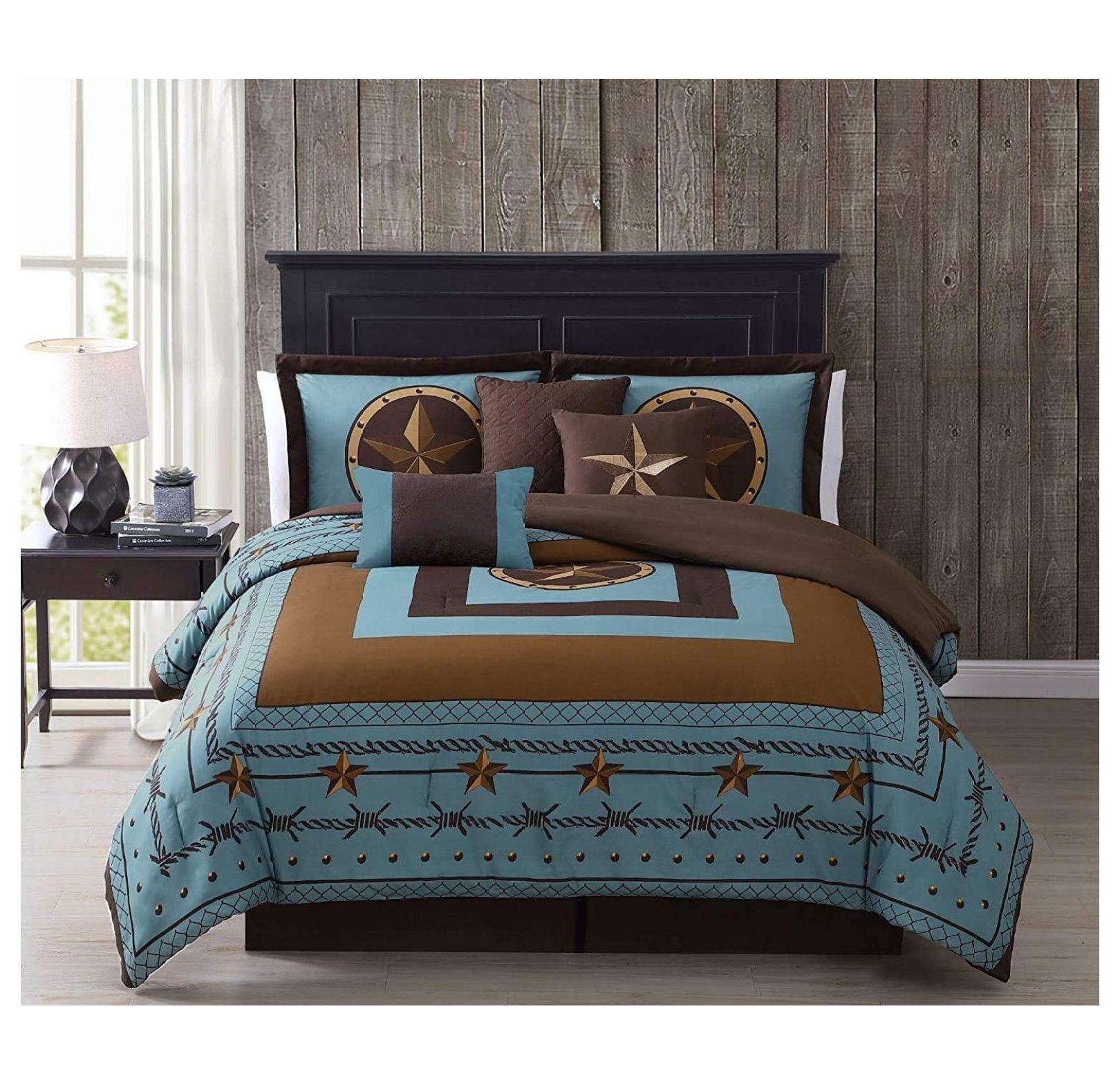Echoworld Tulsa Queen Size Bedding Set, 7-Piece Turquoise Brown Western ...