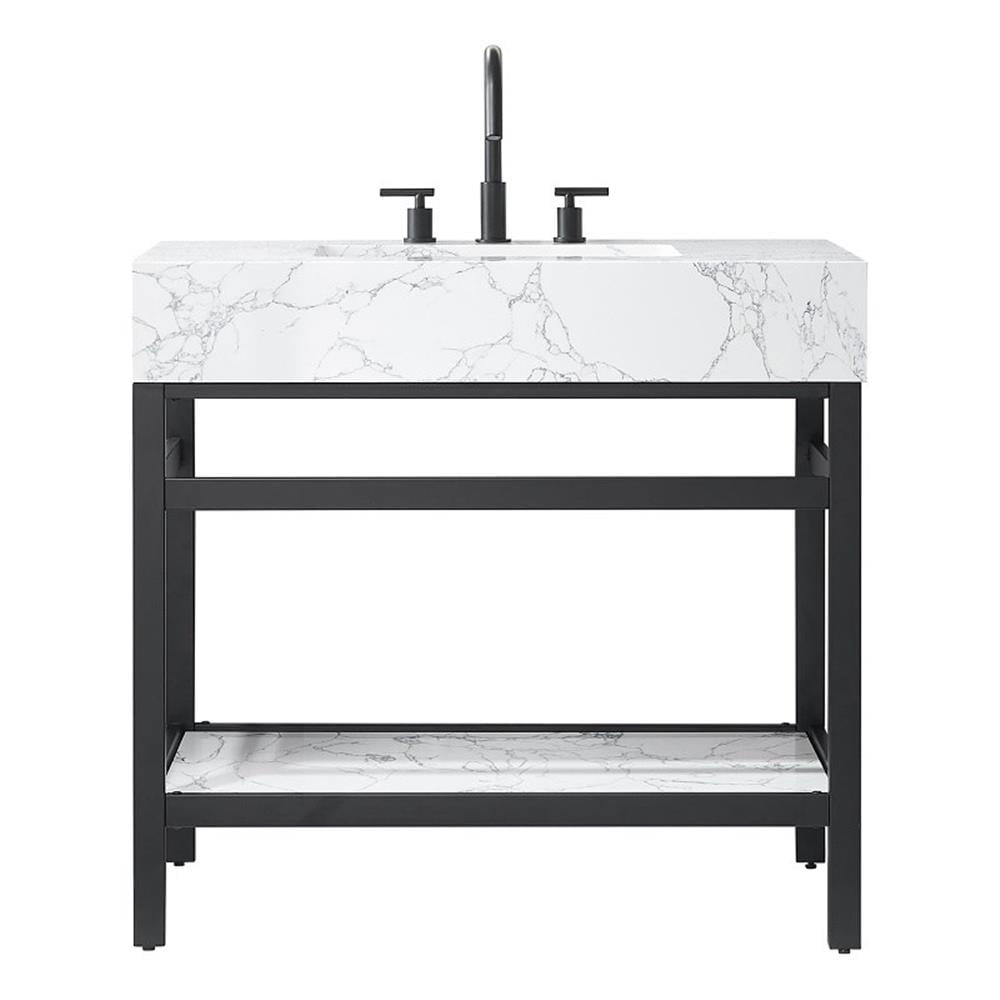 Ecija 36" Single Matte Black Metal Bath Vanity with Pandora White ...