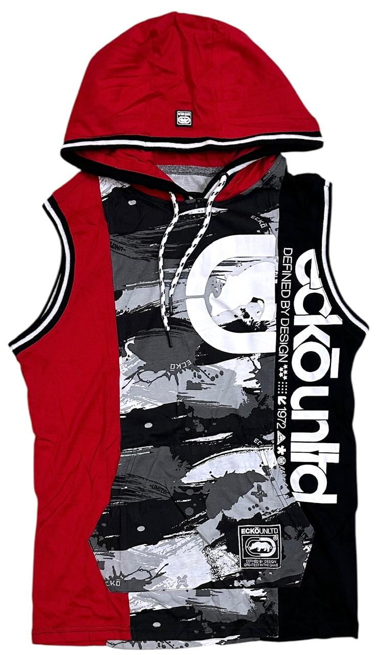 Ecko Unltd Men's Hoodie T-Shirt Stitch Panel Sleeveless Tee (Large, Red ...