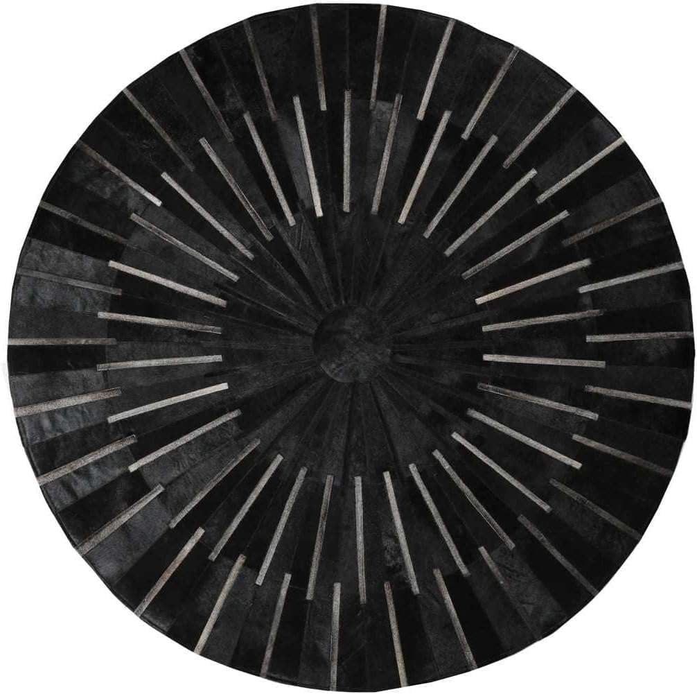 Modern Rug Radial Geometry Black Cowhide Area Rug, 6 x 6, No-Slip Faux ...