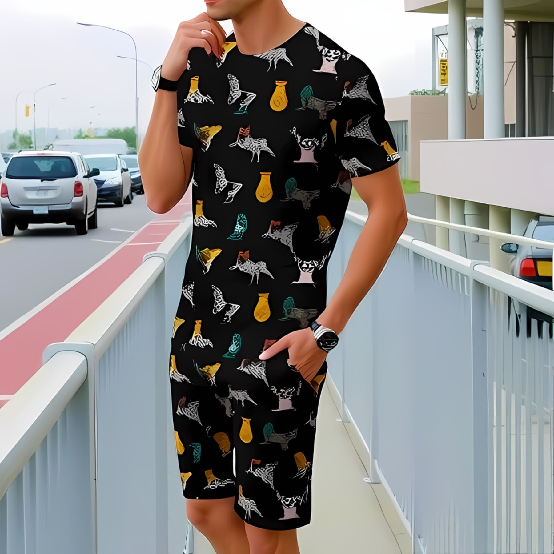 Eclectic Cat Print T-Shirt and Shorts Set - Playful Animal Patterns in ...