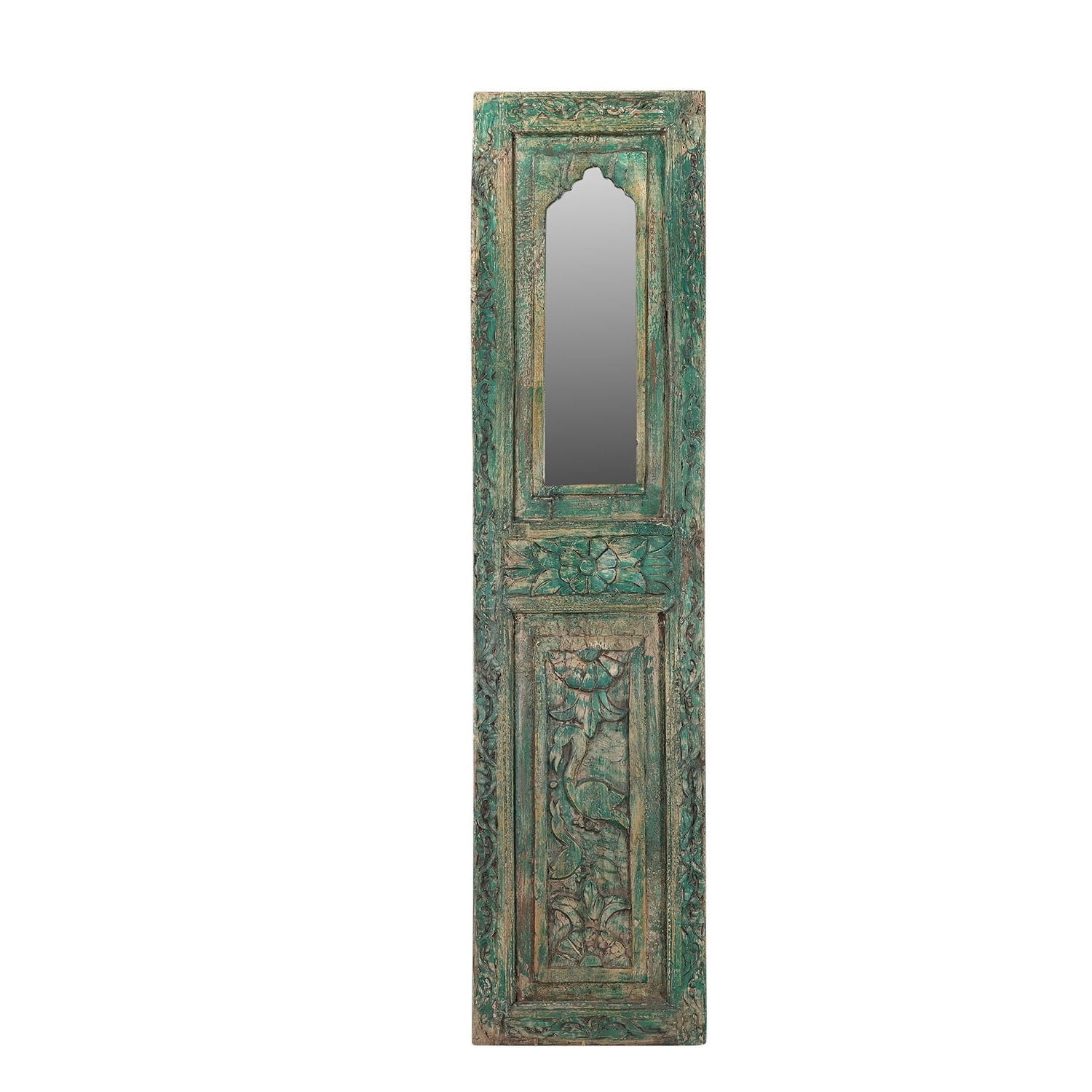 Eclectic Hand Carved Vintage 60" Tall Panel With Mirror | Distressed ...
