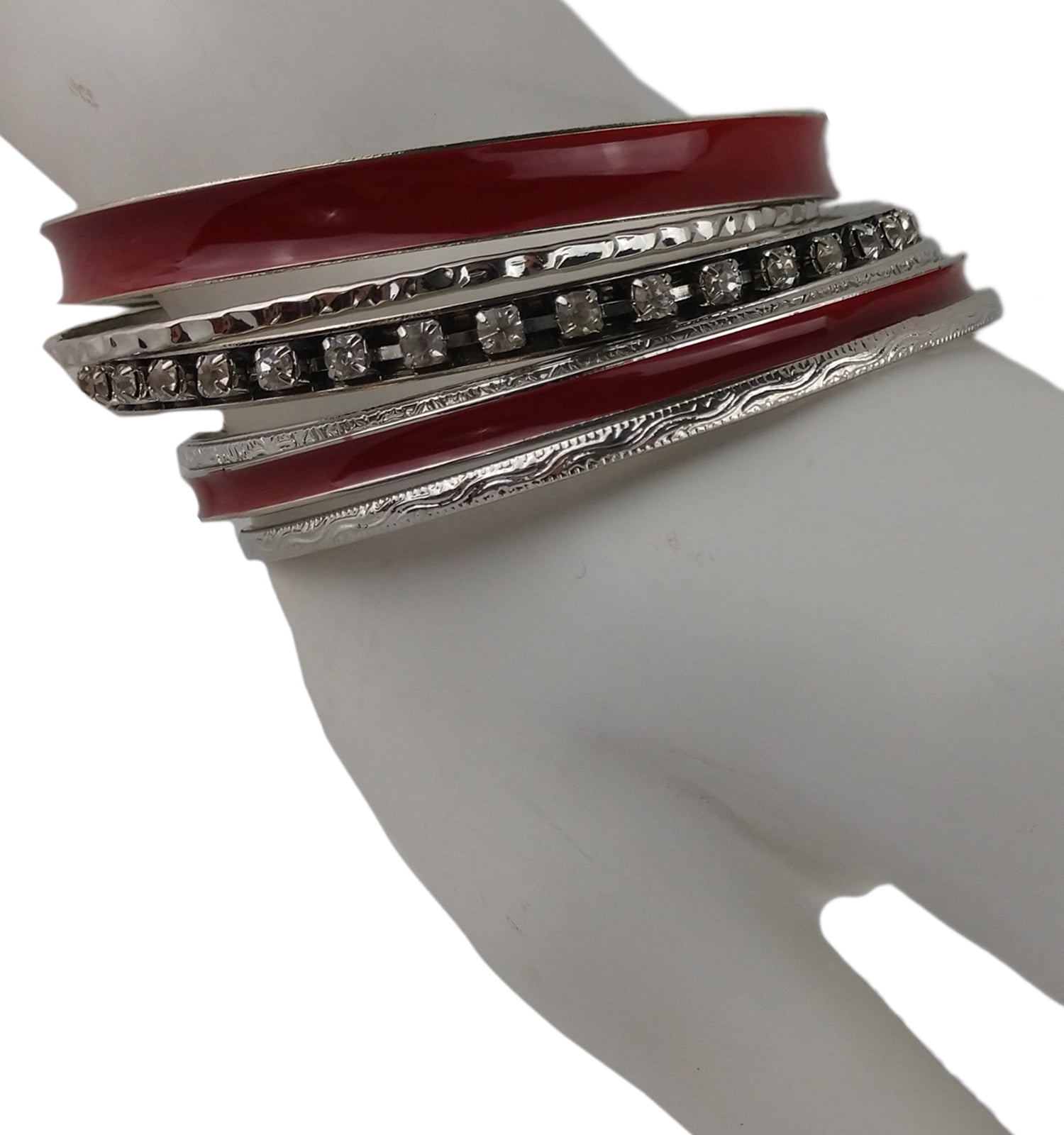 Eclectic Mix Of 6 Bangle Bracelets Thin Red Silver Tone Rhinestone ...
