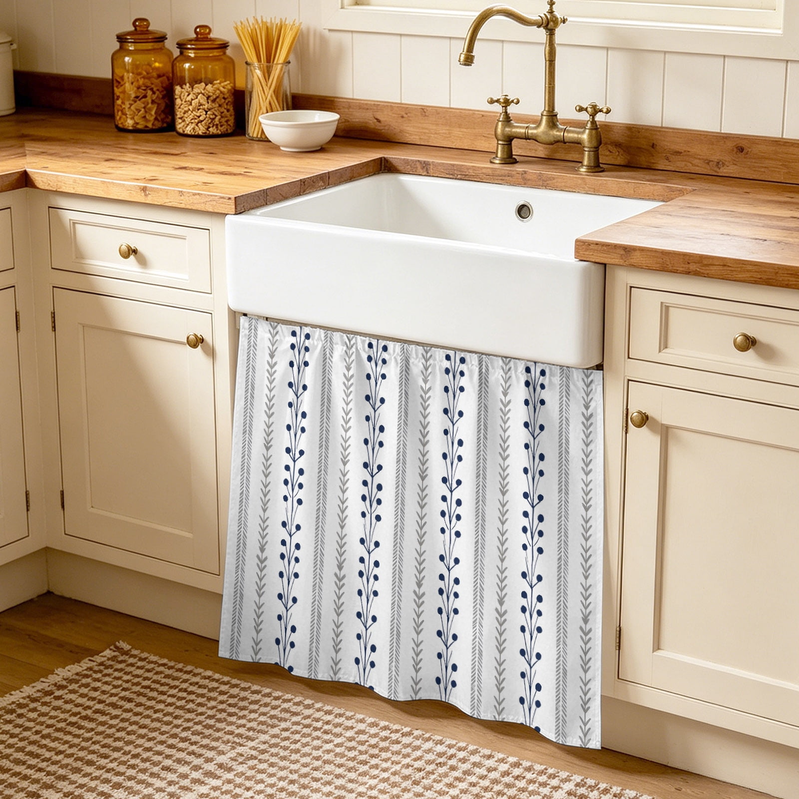 Eclectic Stripes Cabinet Curtain, Rustic Navy Blue Dashed Lines Shabby ...