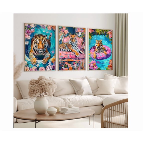 Eclectic Tiger Art Colorful Maximalist Decor Set 3 Unframed Paper Print ...