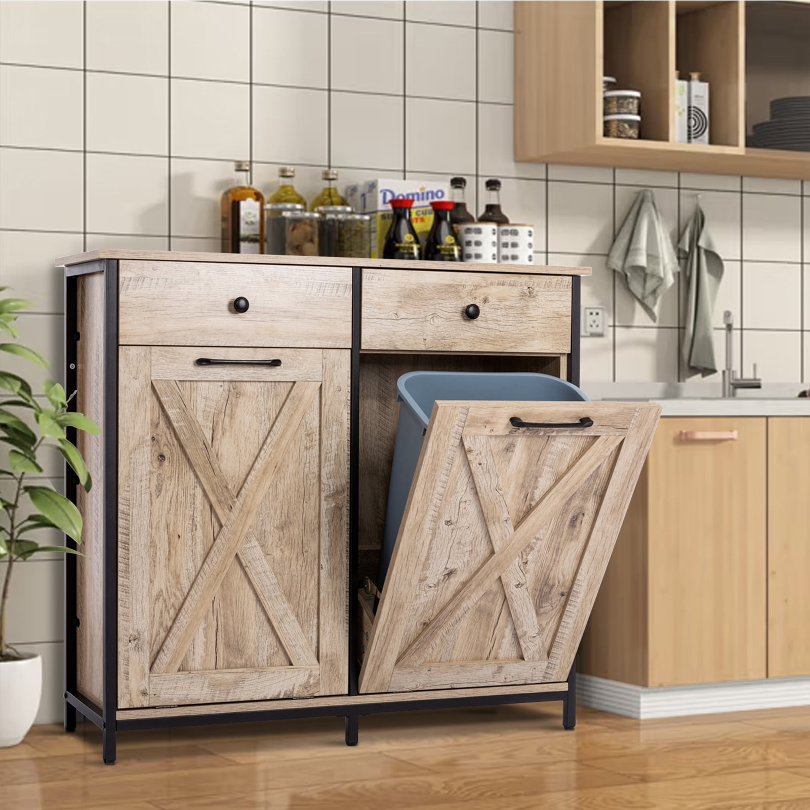 Eclife 20 Gallons Rustic Wooden Kitchen Trash Cabinet with Double Tilt ...