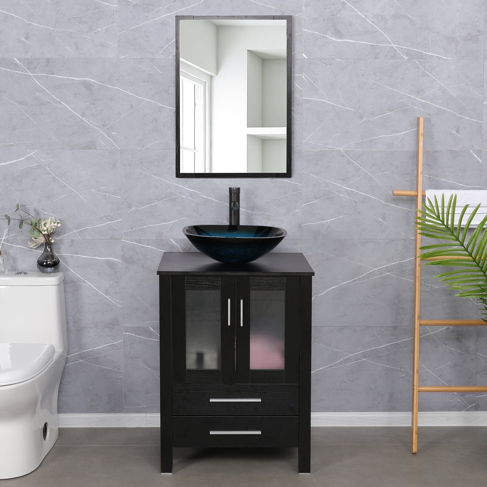 "Eclife 24"" Single Large Black Bathroom Vanity Set with Mirror, Wood ...