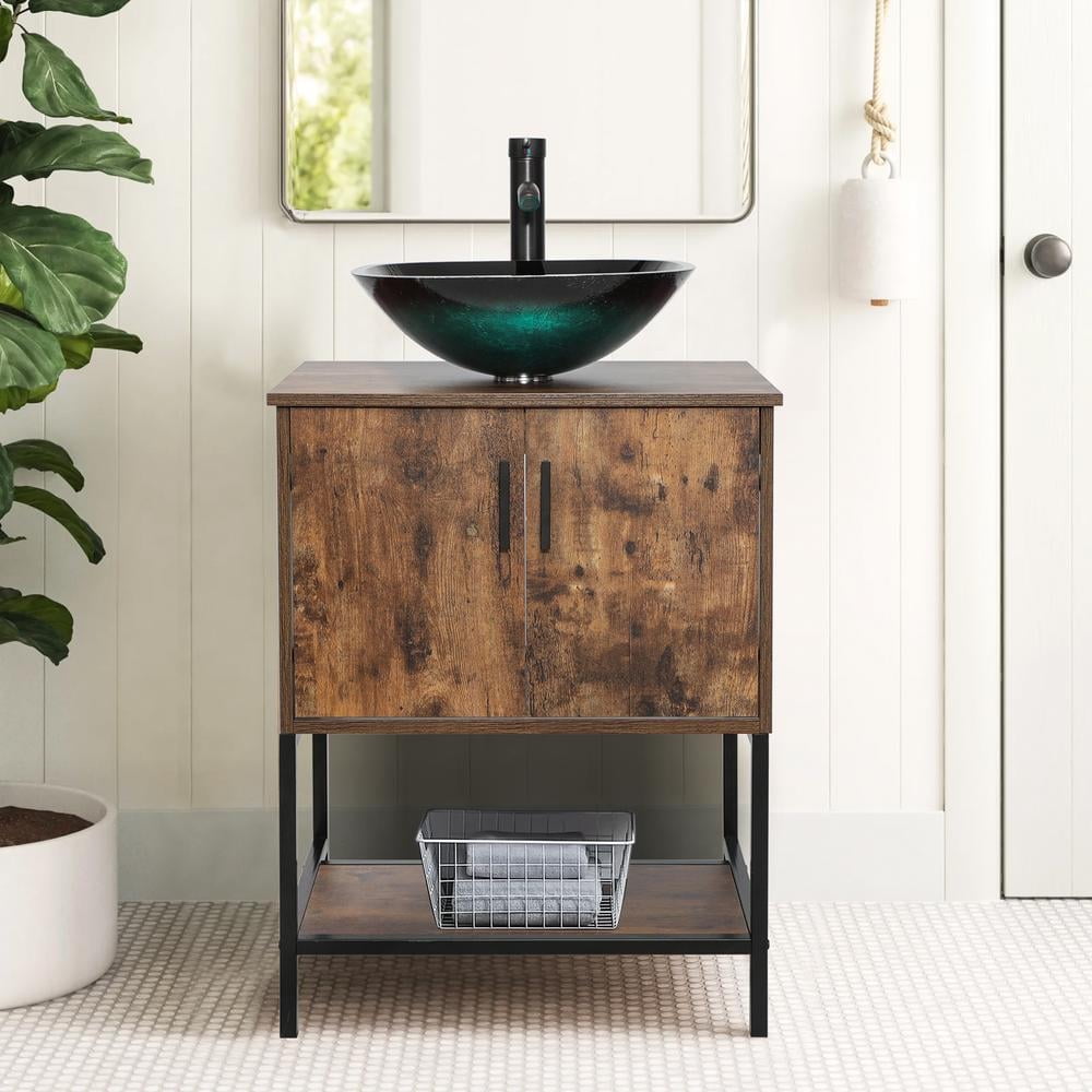 Eclife 24" Farmhouse Vanity Set with Brown Wood Top, Green Glass Sink ...