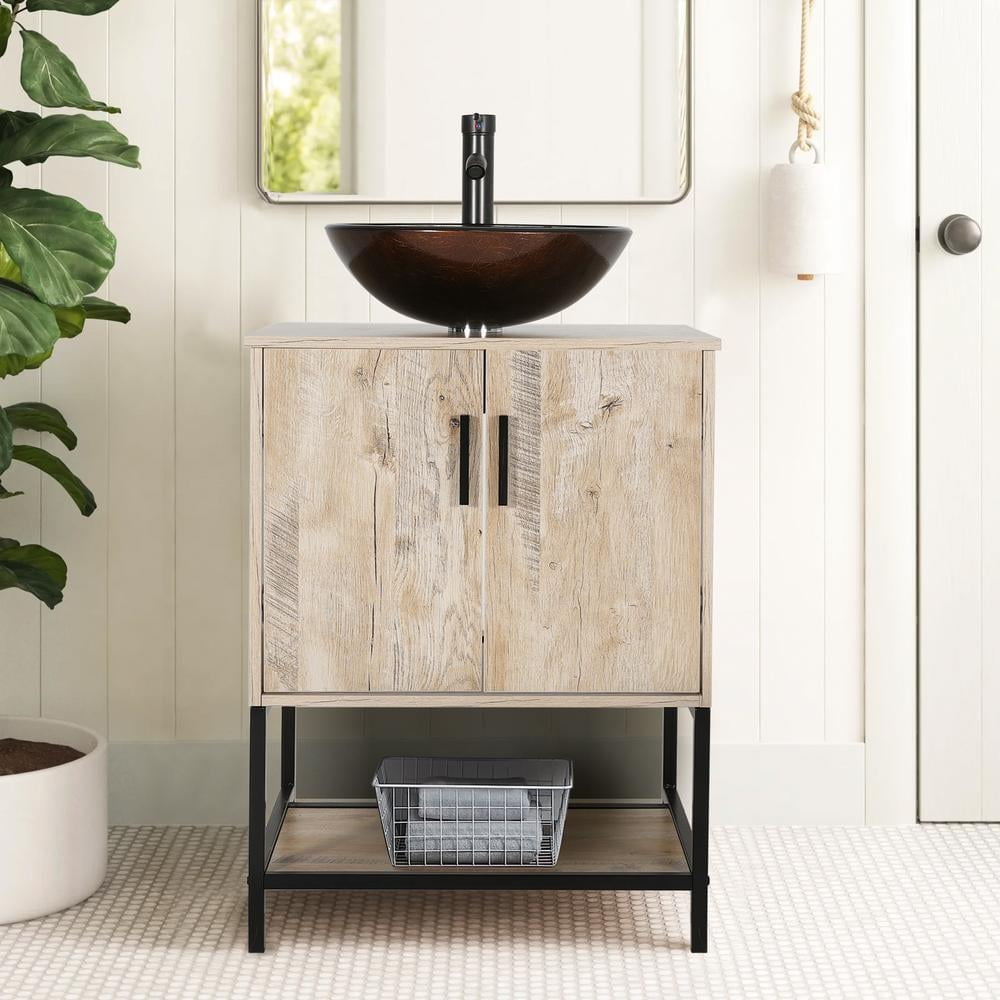 "Eclife 24"" Eco-Friendly Farmhouse Vanity, Rustic Oak Top, Brown Glass ...