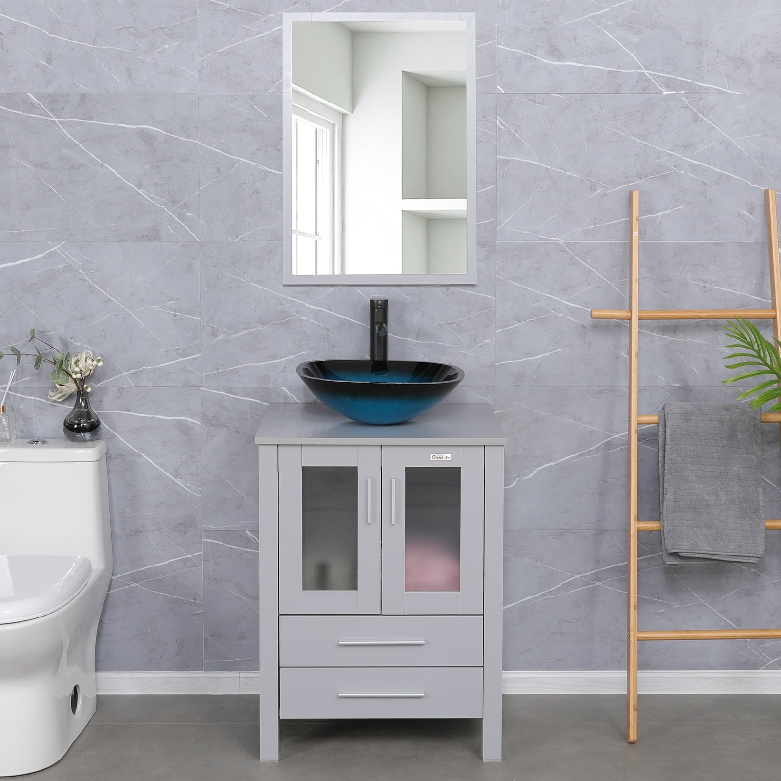 Eclife 24" Single Vessel Gray Vanity Set with Mirror, Wood Top, Blue ...