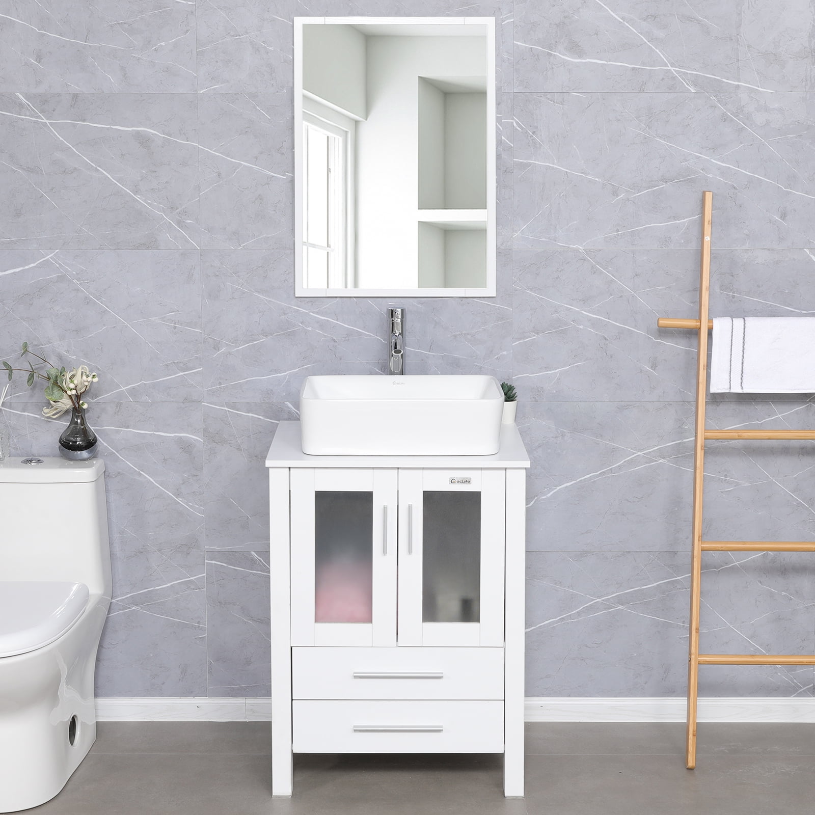 Eclife 24" White Bathroom Vanity Set with Mirror, Wood Top, White ...