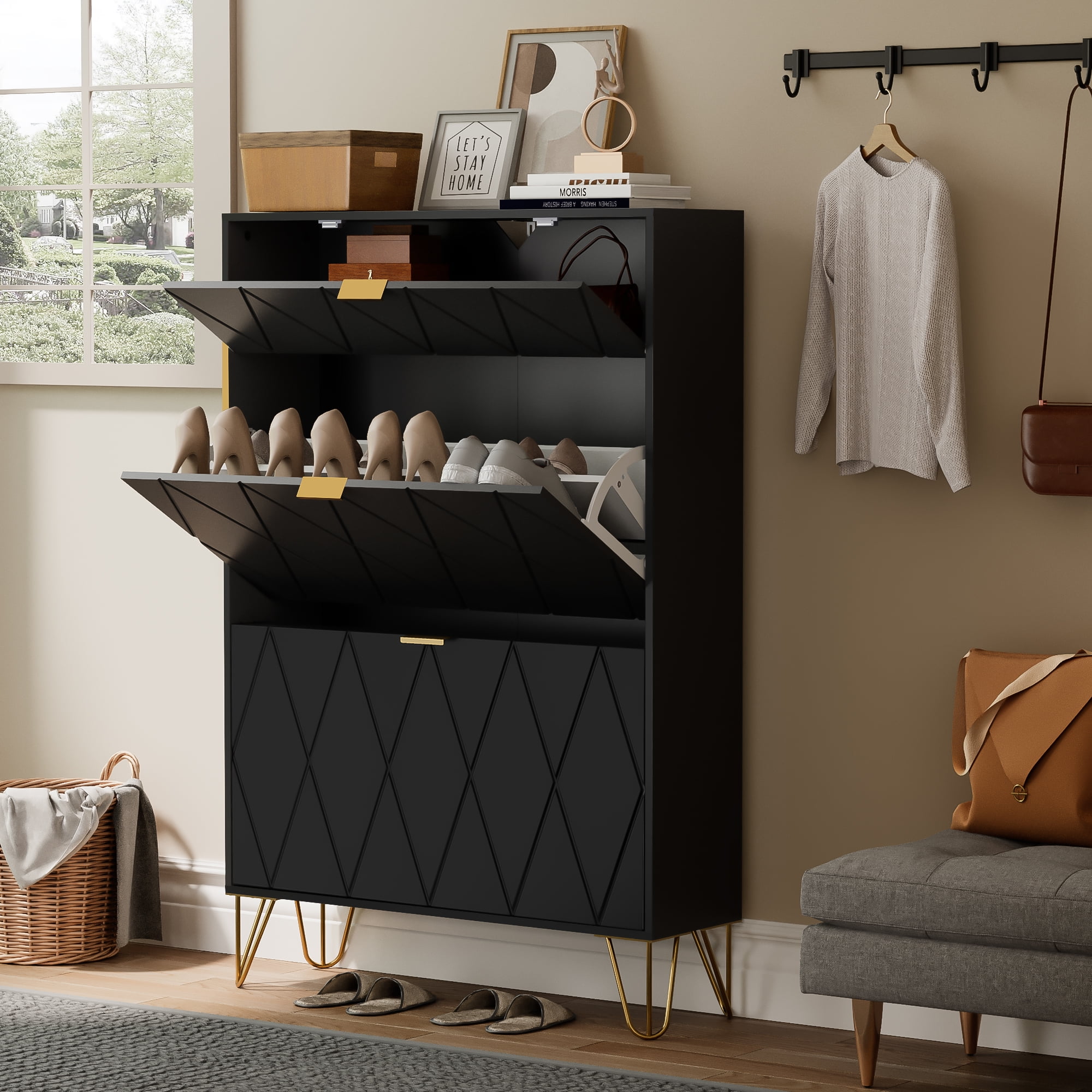 Eclife 3 Tier Wooden Shoe Cabinet, Closed Space Storage, Flip Down ...