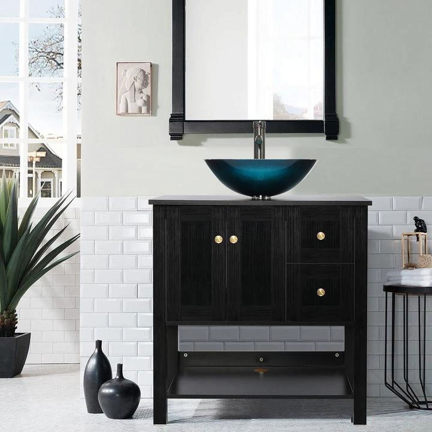 Eclife 32" Vessel Combo Vanity Set with Wood Top, Blue Glass Sink ...