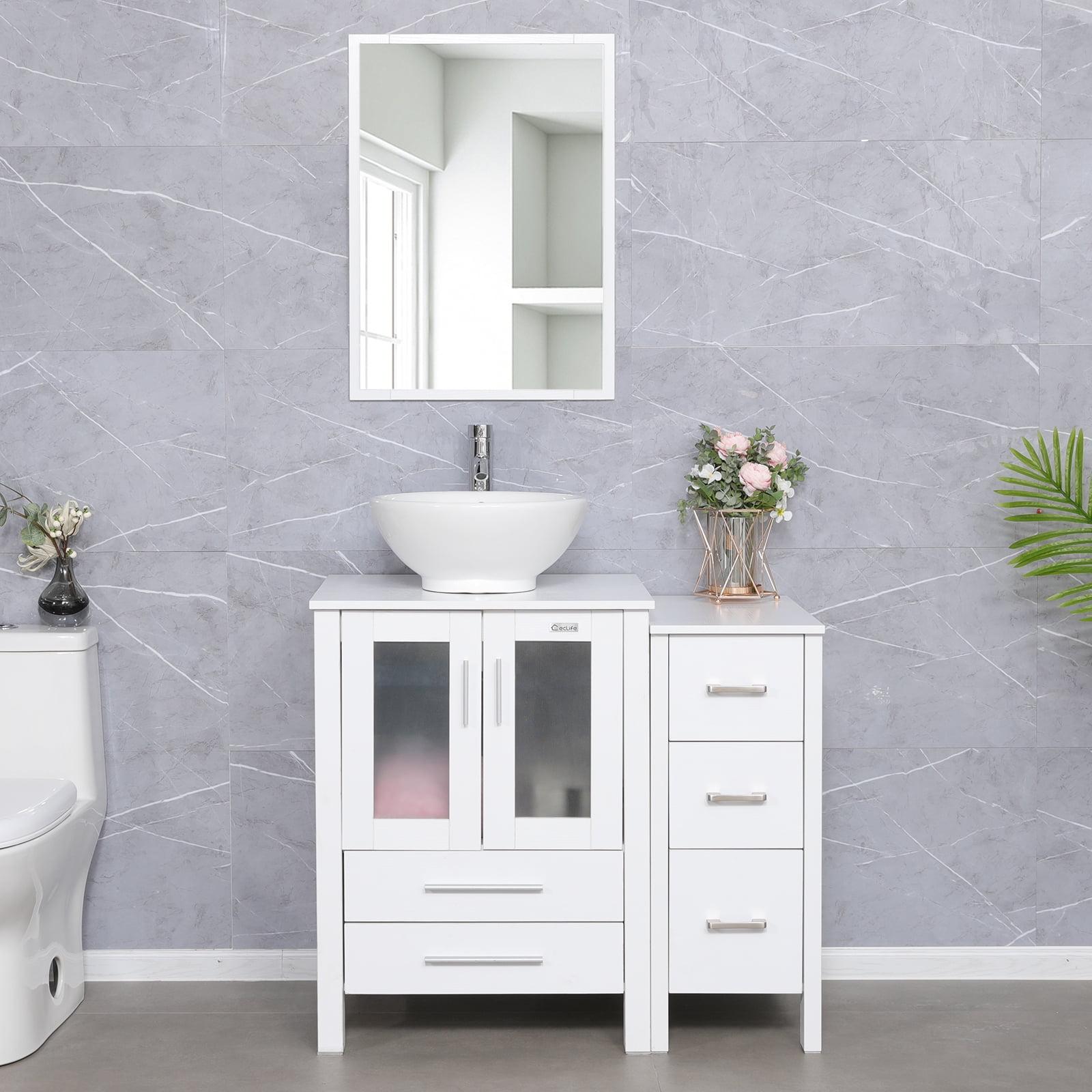 Eclife 36" White Bathroom Vanity Cabinet & Round Ceramic Vessel Sink Combo with Faucet, Drain ...