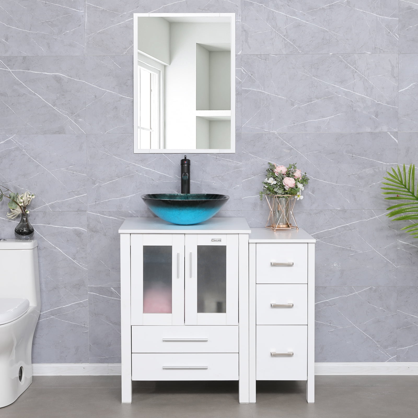 Eclife 36"W x 20"D x 32"H White Bathroom Vanity Cabinet Sink Combo Turquoise Square Tempered ...