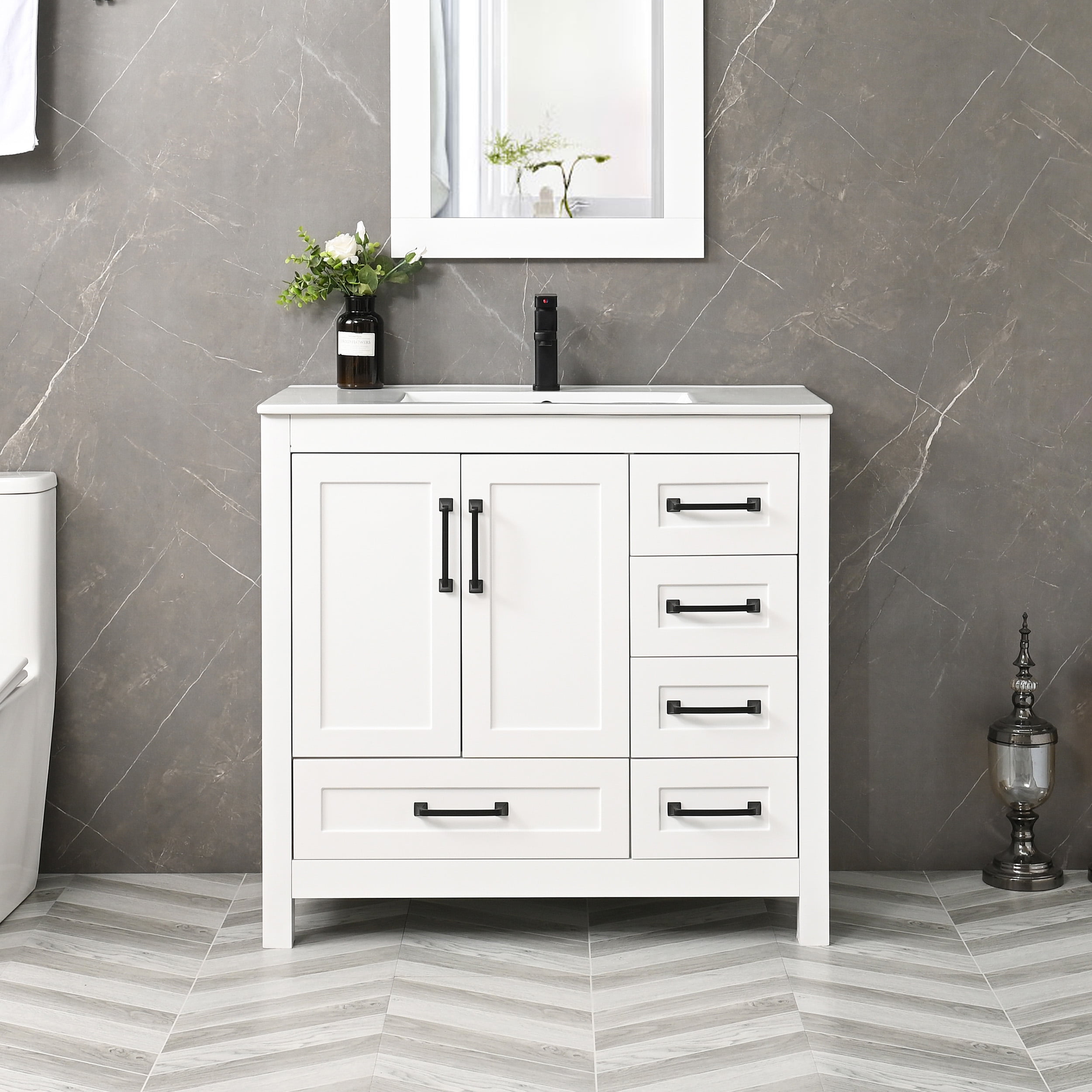 "Eclife 36"" Modern White Bathroom Vanity and Storage Cabinet Set with ...