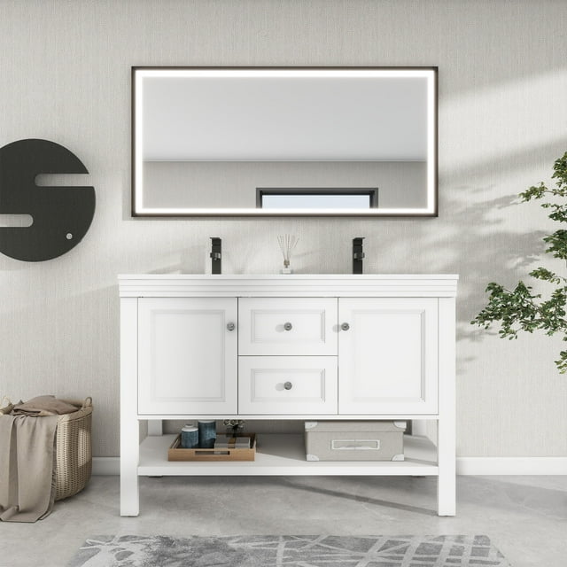Eclife 48" Double Sink Bathroom Vanity With Resin Top, Faucet, 2 Doors 2 Drawers With Open Shelf ...