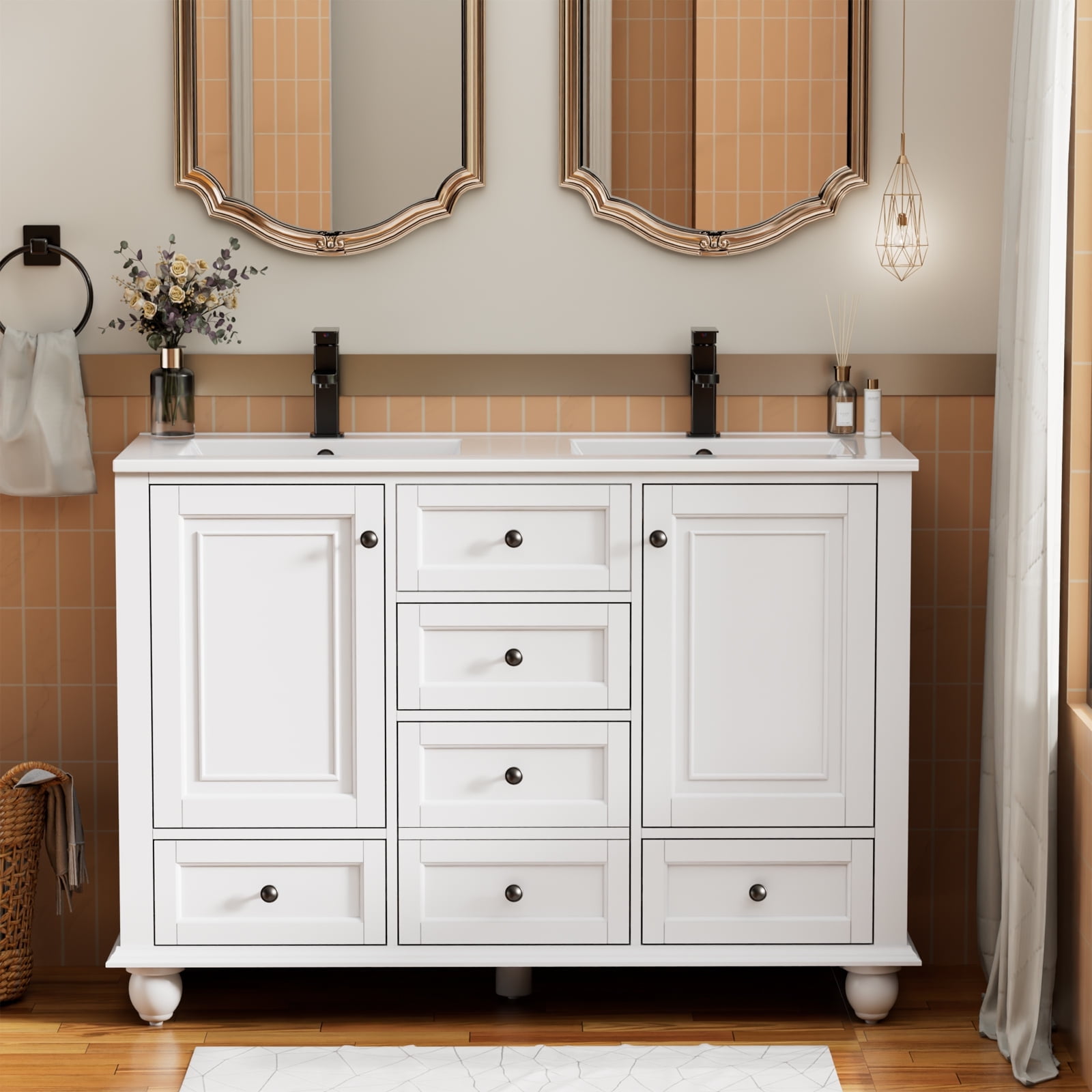 Eclife 48" Double Sink Bathroom Vanity with Top, Zinc Alloy Faucet, Painted Surface, Soft-Close ...