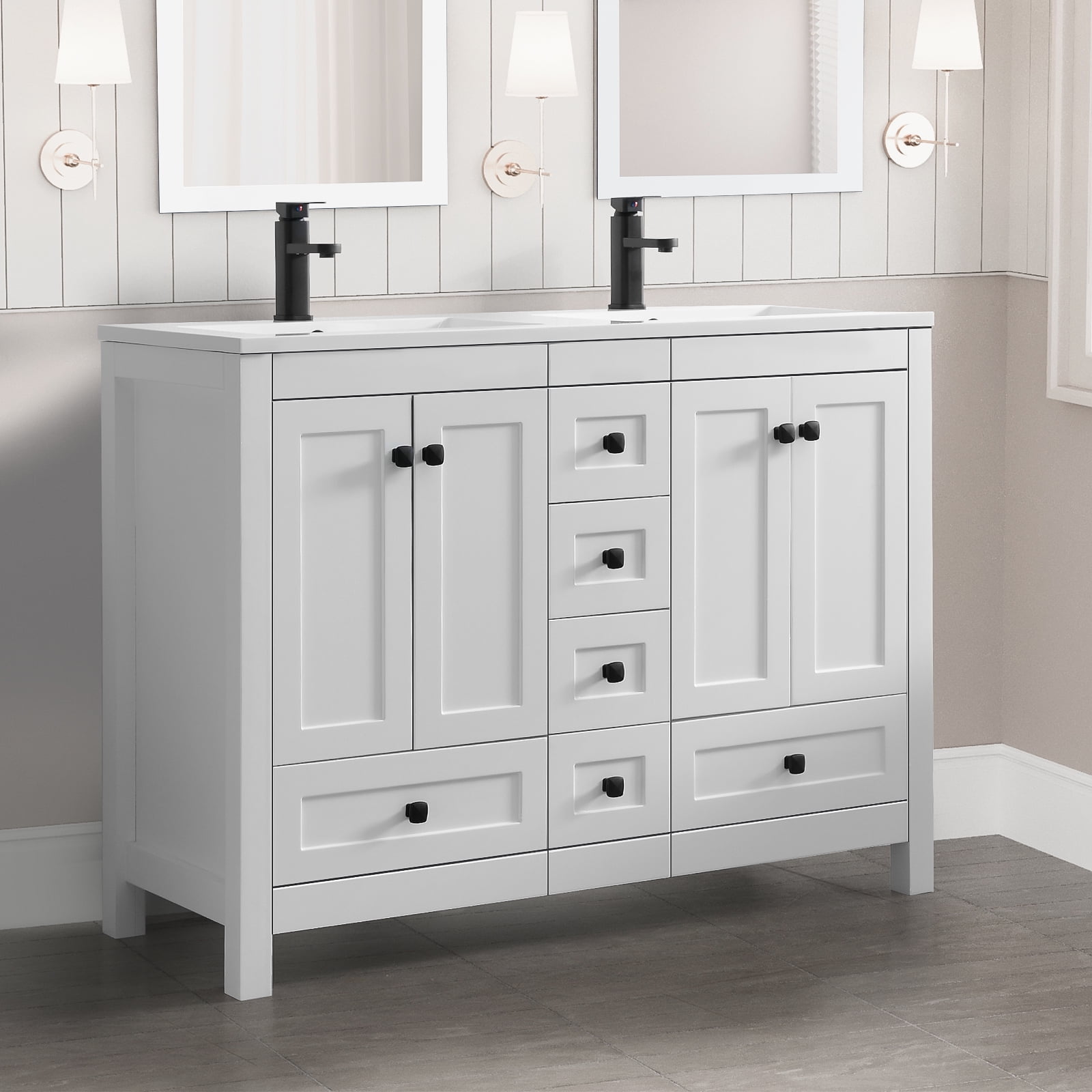 Eclife 48" Freestanding Bathroom Vanity Set with Resin Double Sink Top, PU Paint, Water Saving ...