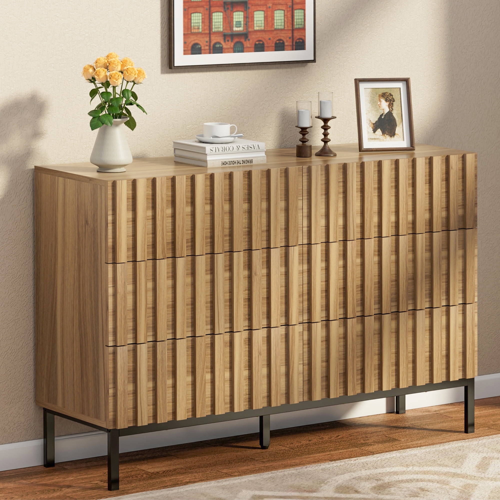 Eclife 6 Drawer Dresser Modern Chest of Drawer Metal Legs for Bedroom Storage Organization Oak
