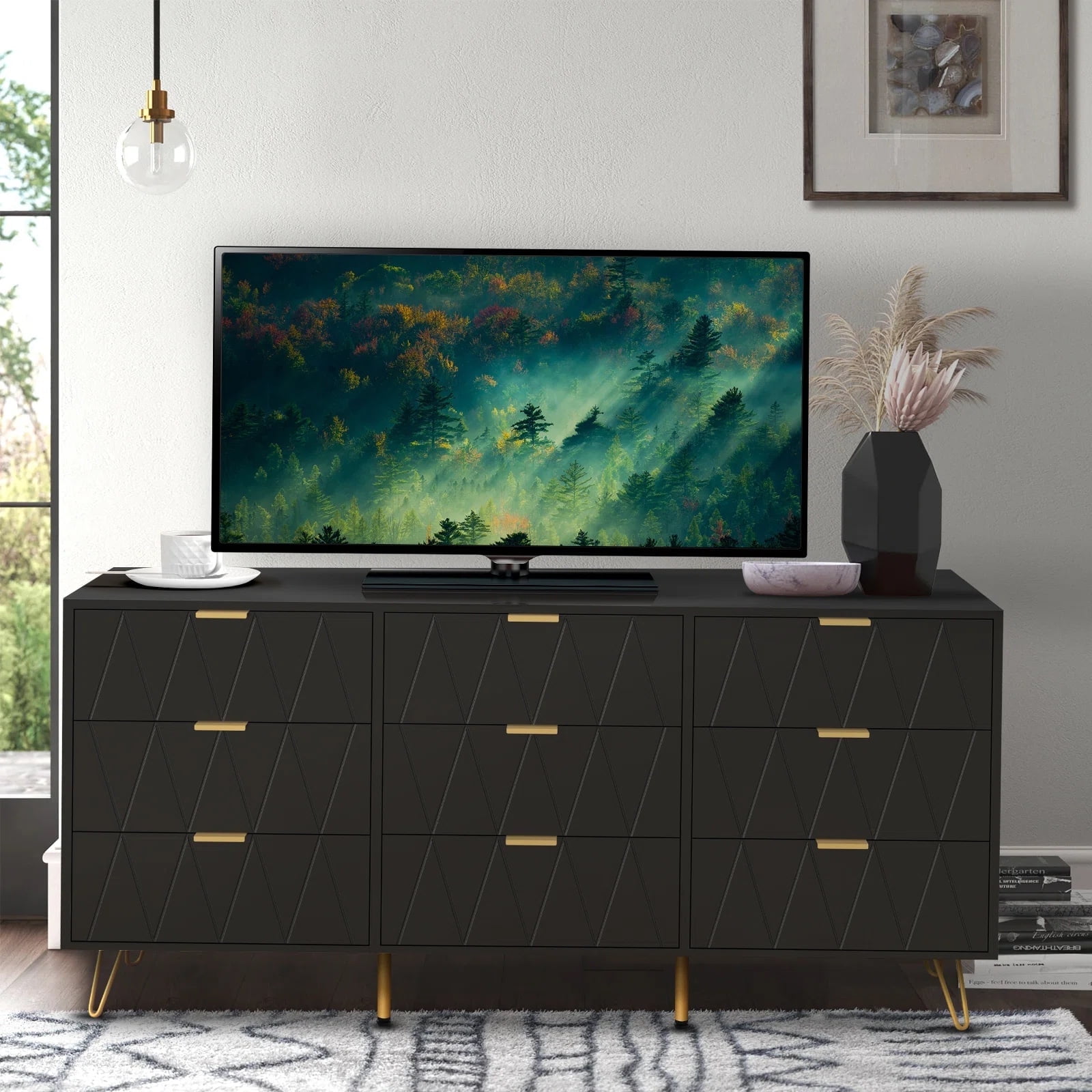 Eclife 9-Drawer Dresser with Line Texture Design, Metal Handles, High ...
