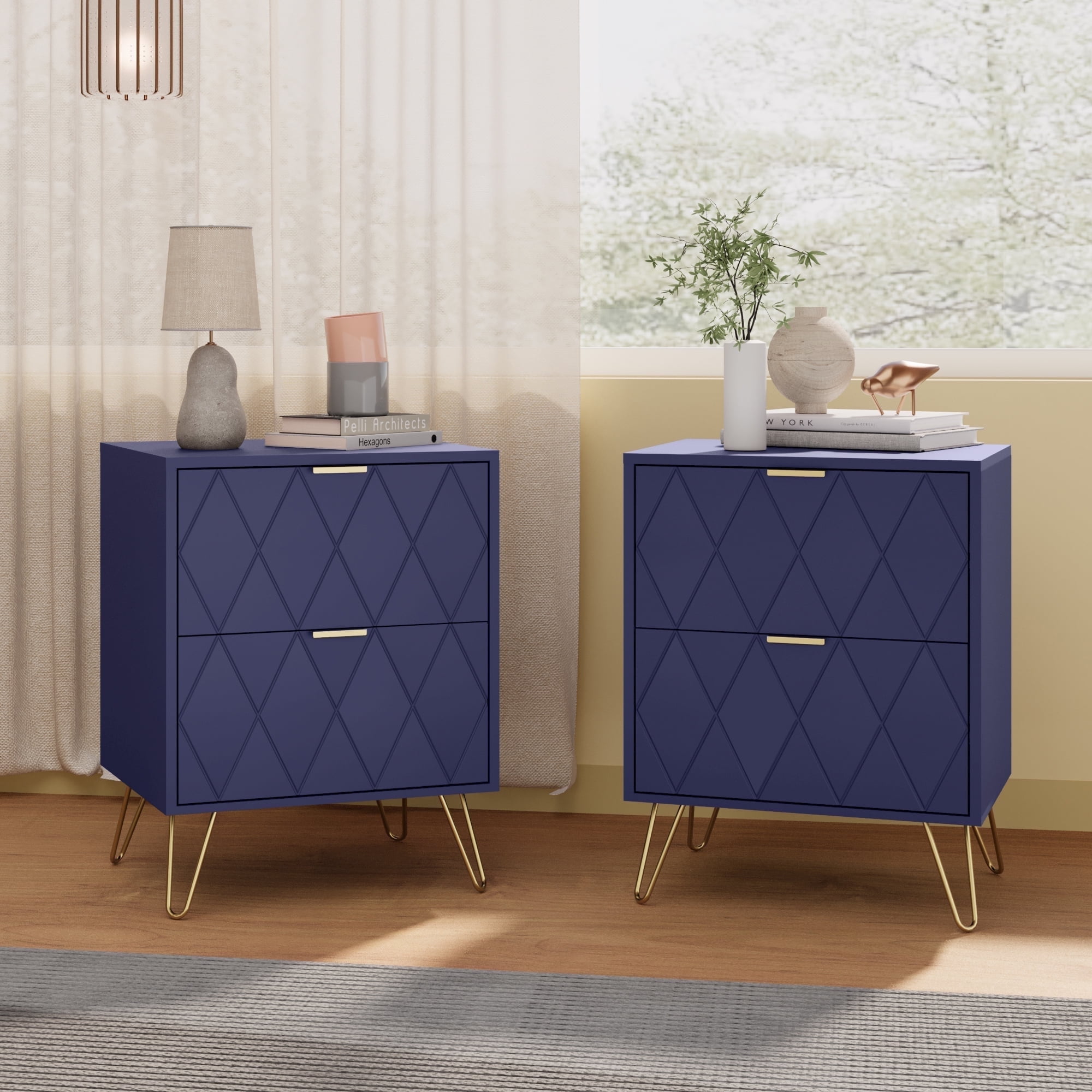 Eclife Modern Side Bedside Table Set of 2 Nightstands with Gold Handles ...