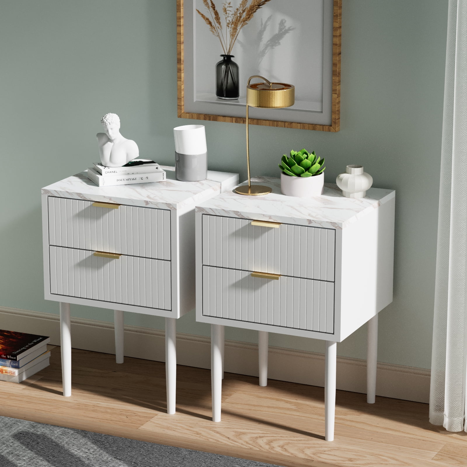 White And Gold Nightstand Set Of 2