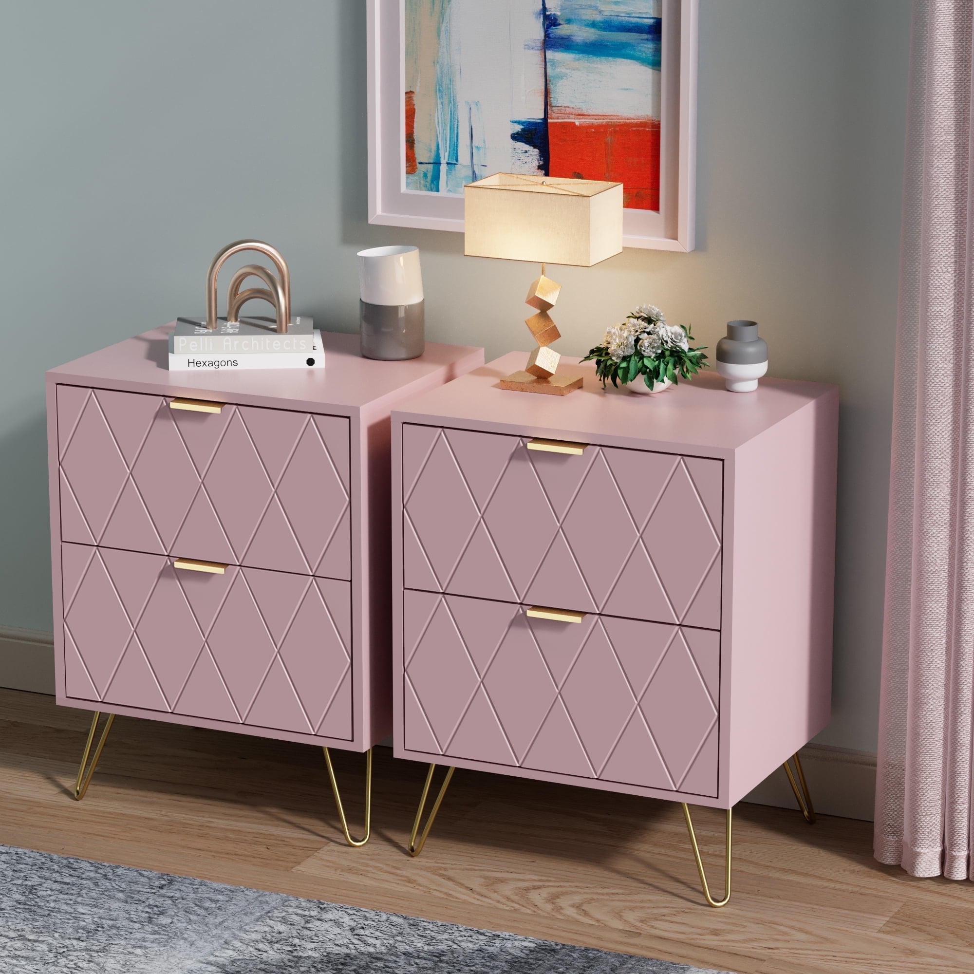 Eclife 2-Piece Pink Nightstands with Gold Handles & Legs, Sturdy Side ...
