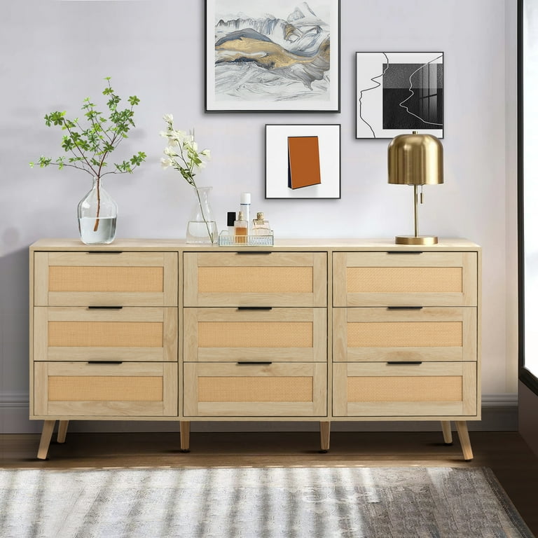 Eclife Wood Rattan Dressers with 9 Drawers Modern Chests of Drawers for Living Room Adult Kids Bedroom Oak Adult Unisex Size 9Drawers 64 Beige
