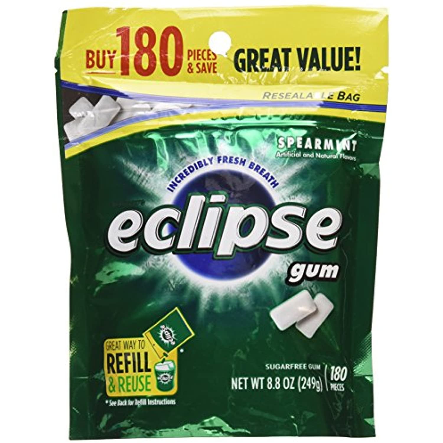 Eclipse Spearmint Sugarfree Gum Refill, 180 Pieces, 8.8 Oz (Pack Of 2 ...