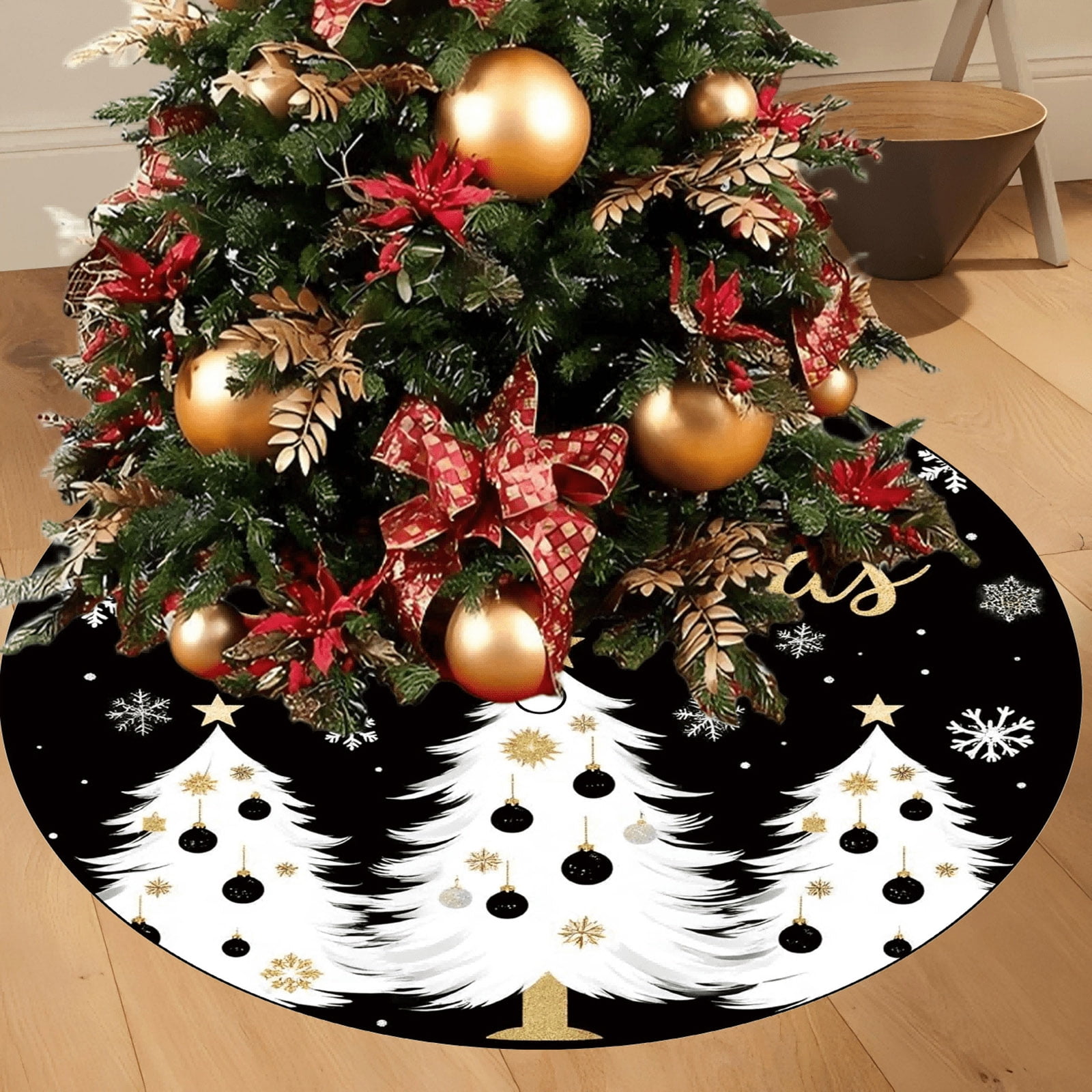 EclipseJewels 35 Inch Christmas Carpet Tree Skirt Round Black Golden Snowflake Tree Holiday ...