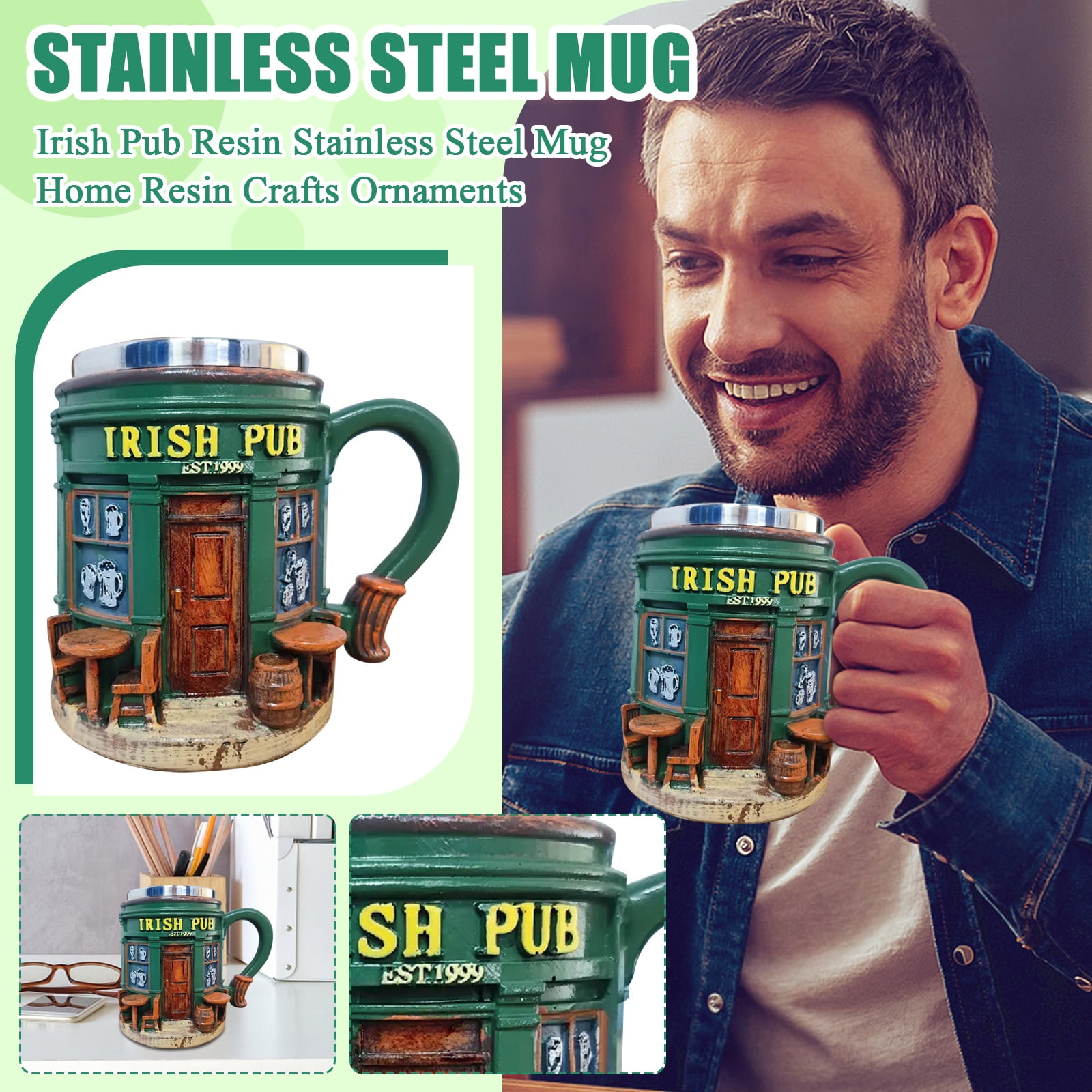 EclipseJewels Irish Pub Themed Resin Coated Stainless Steel Beer Mug ...
