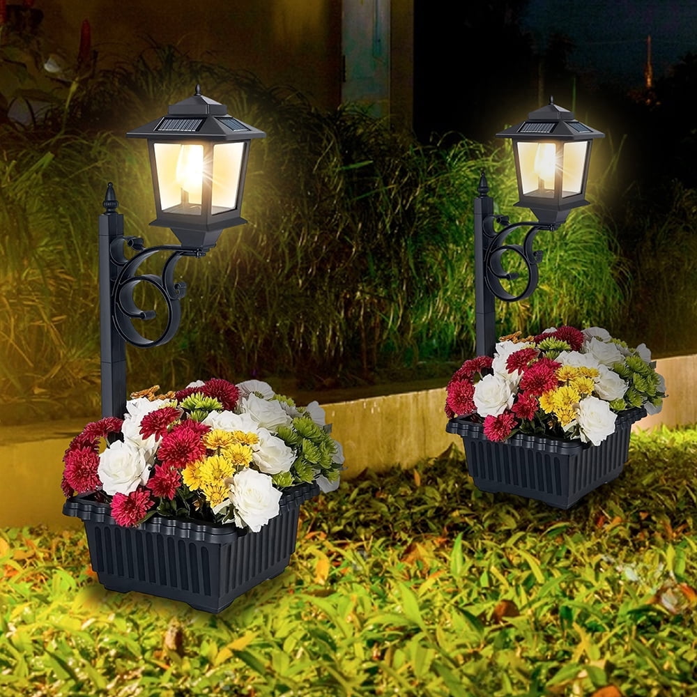 Eco-π 2 Pack Solar Lamp Post Light with Planter, 3000K Waterproof 2 in ...
