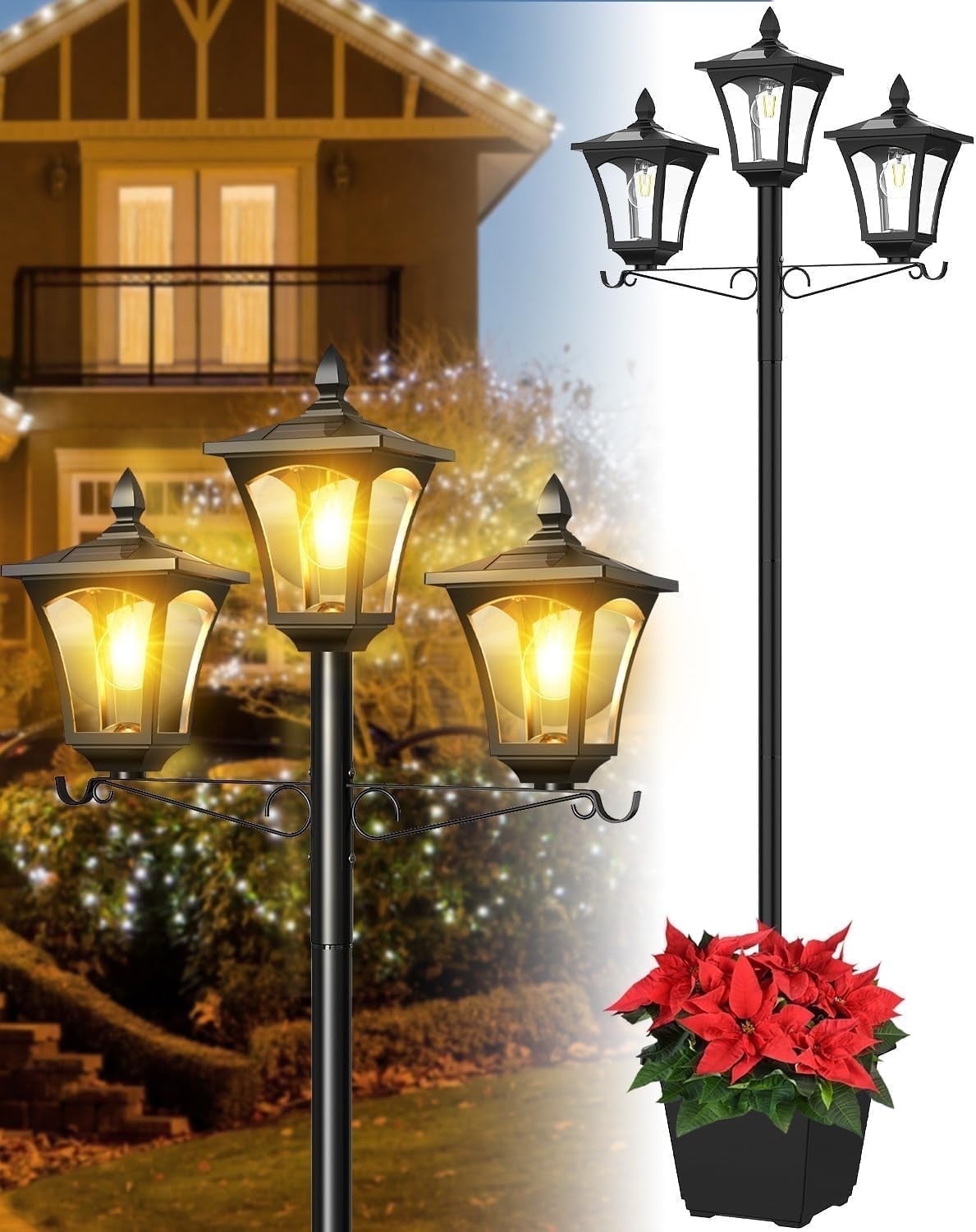 3-Head Solar Lights Outdoor Waterproof, Solar Lamp Post Light with ...