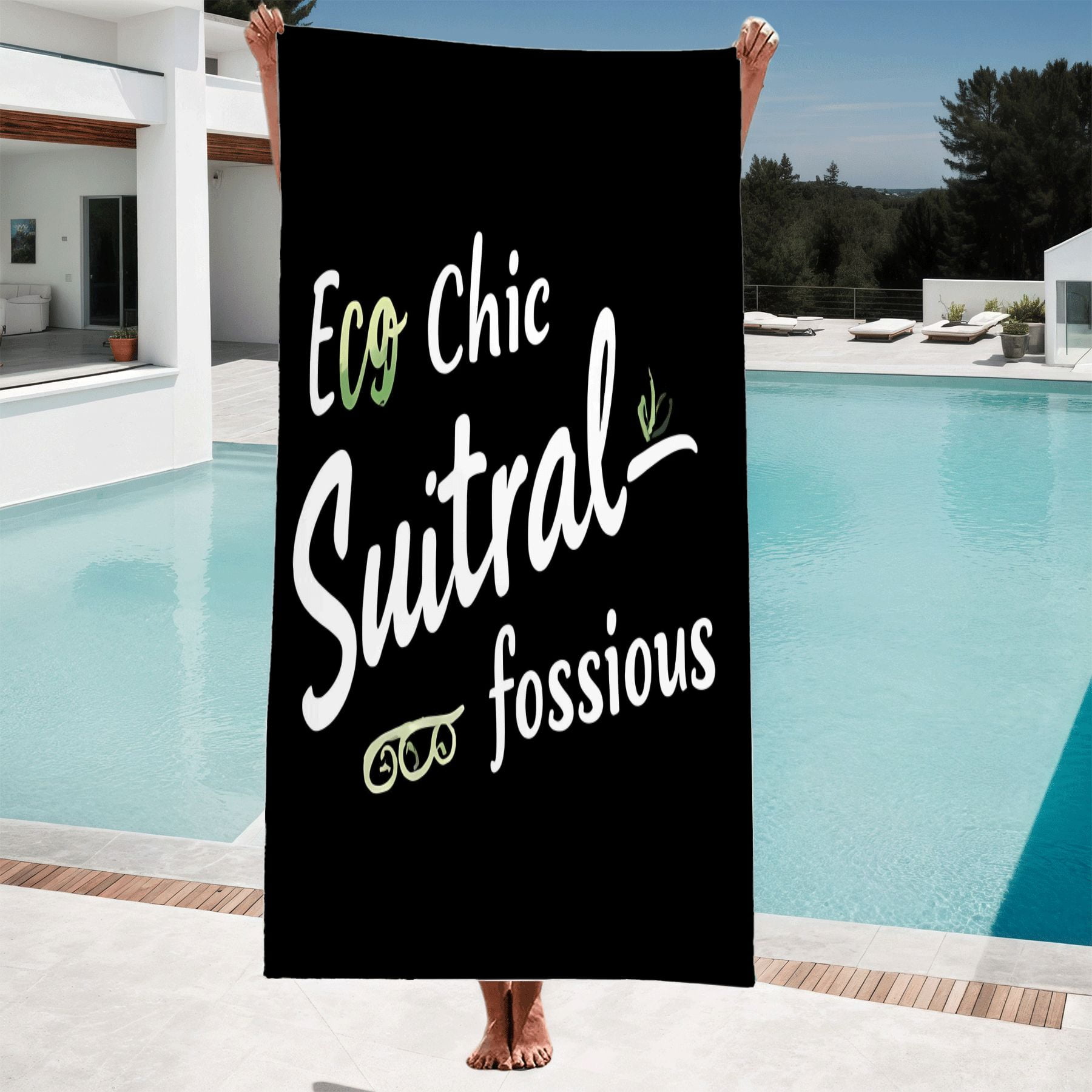 Eco Chic Beach Towel - Stylish Black with White & Green Text Decorative ...