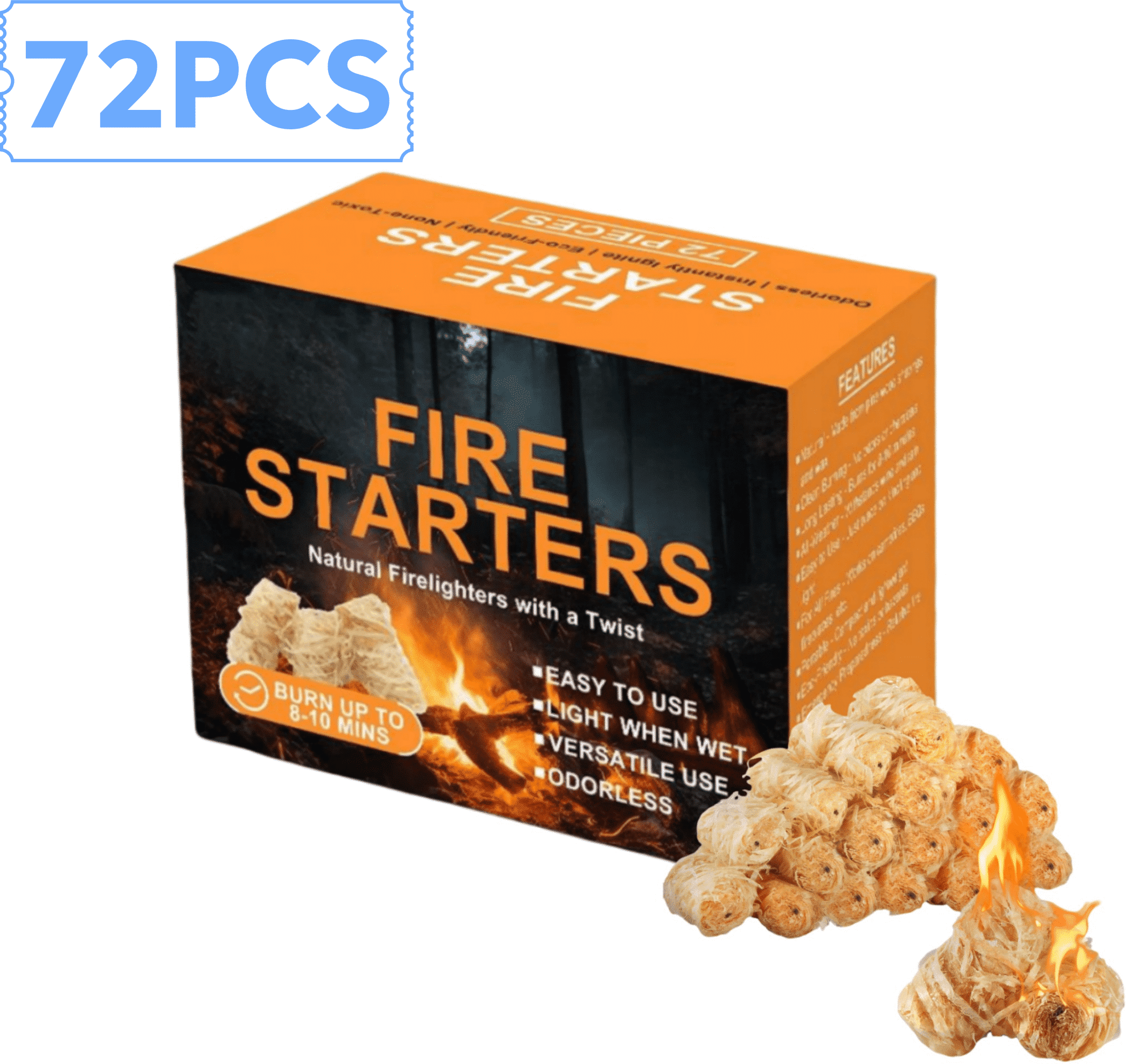 Eco Fire Fire Starters, 72 Pack, Odorless, Waterproof, Hardwood, for ...