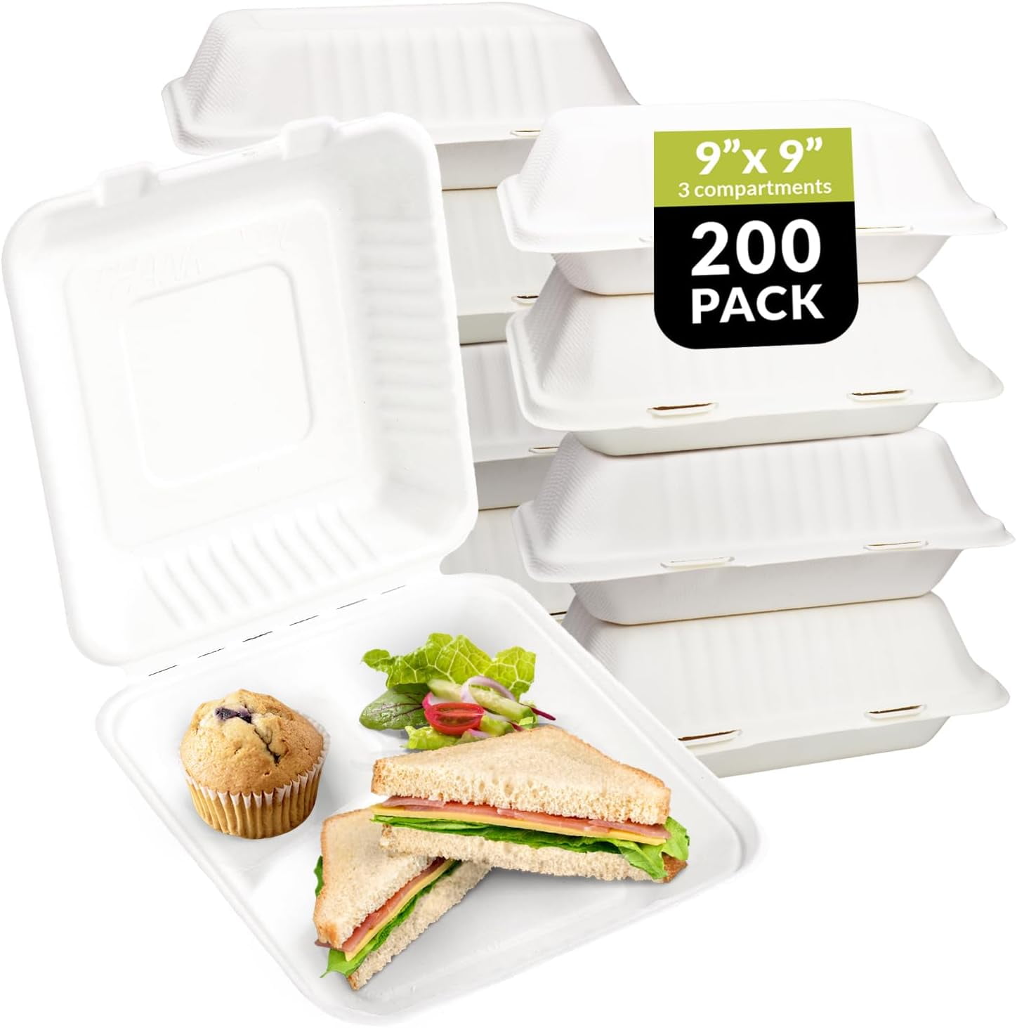 Eco-Friendly 3-Compartment Clamshell Takeout Food Containers [9-Inch ...