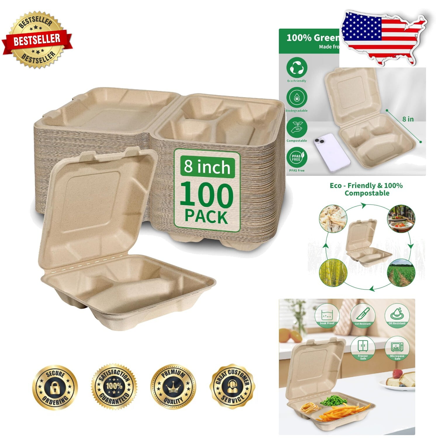 Eco-Friendly 8x8 Clamshell Takeout Containers - 100 Pack Biodegradable ...