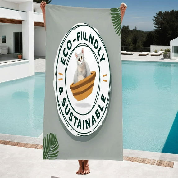 Eco - Friendly Cat Design Towel - Circular Badge with Leafy Pattern ...