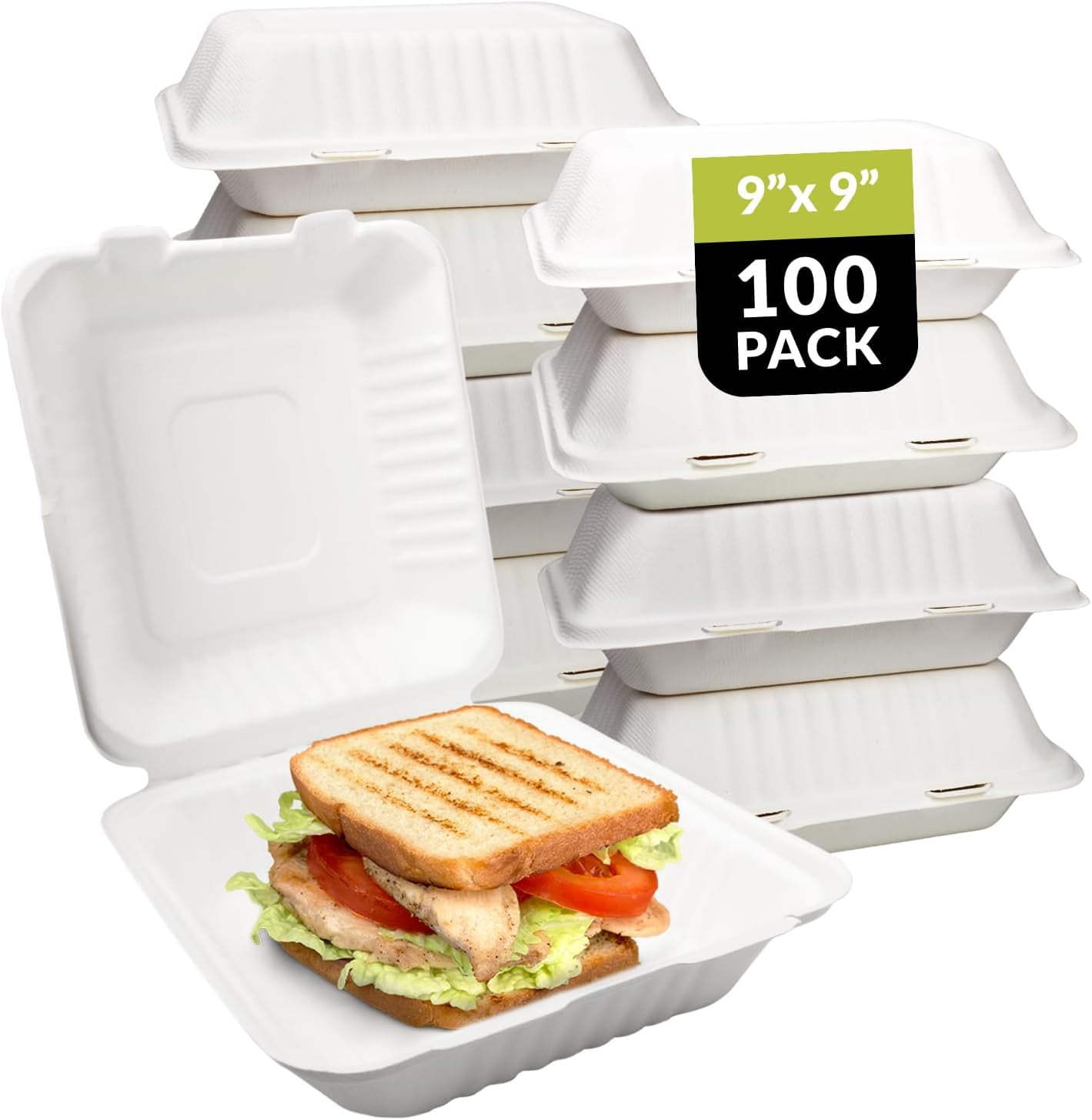 Eco-Friendly Clamshell Takeout Food Containers [9-Inch, 100-Pack ...