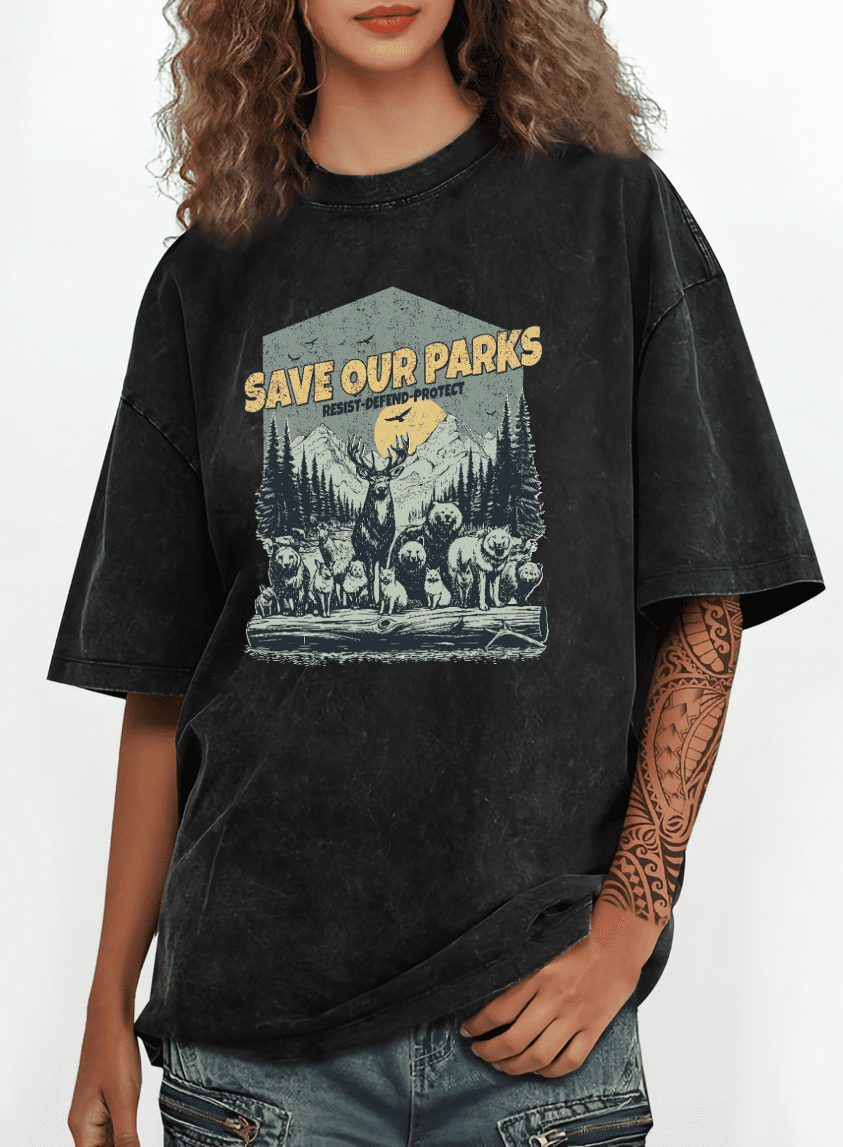 Eco Friendly Graphic Tees Washed Black Save Our Parks Wildlife Print ...