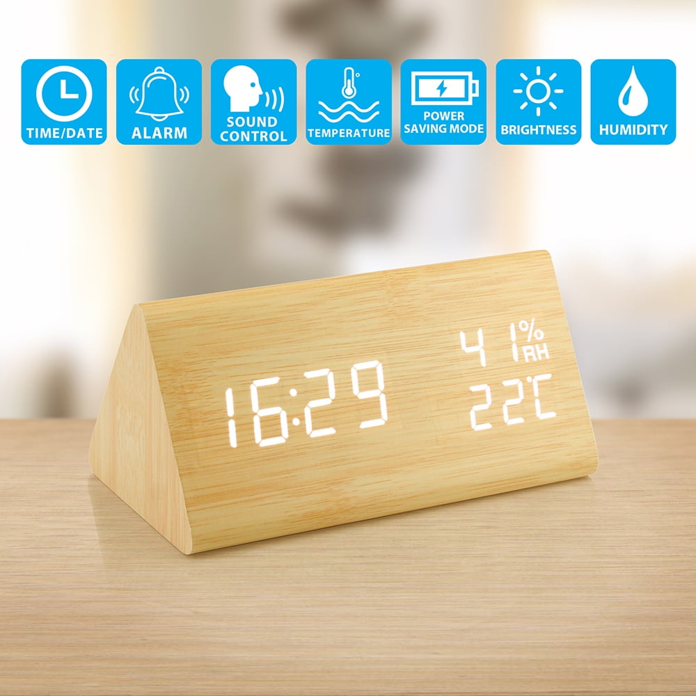 Wooden LED Desk Alarm Clock with Date, Voice Control, Humidity ...