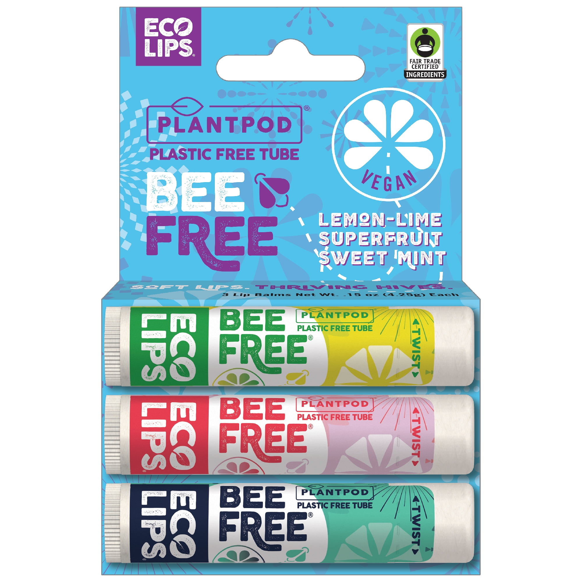 Eco Lips Vegan Bee Free Plant Pod Organic Lip Balm, 3 Pack Variety ...