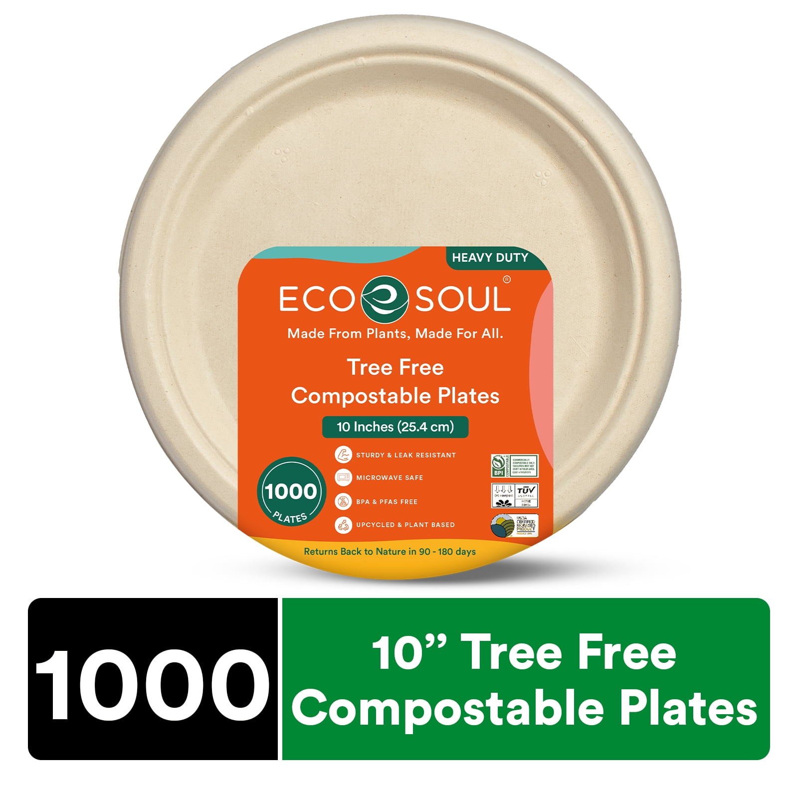 Eco Soul Strong Dinner Plates, 100% Compostable 10 inch, 1000-Pack ...