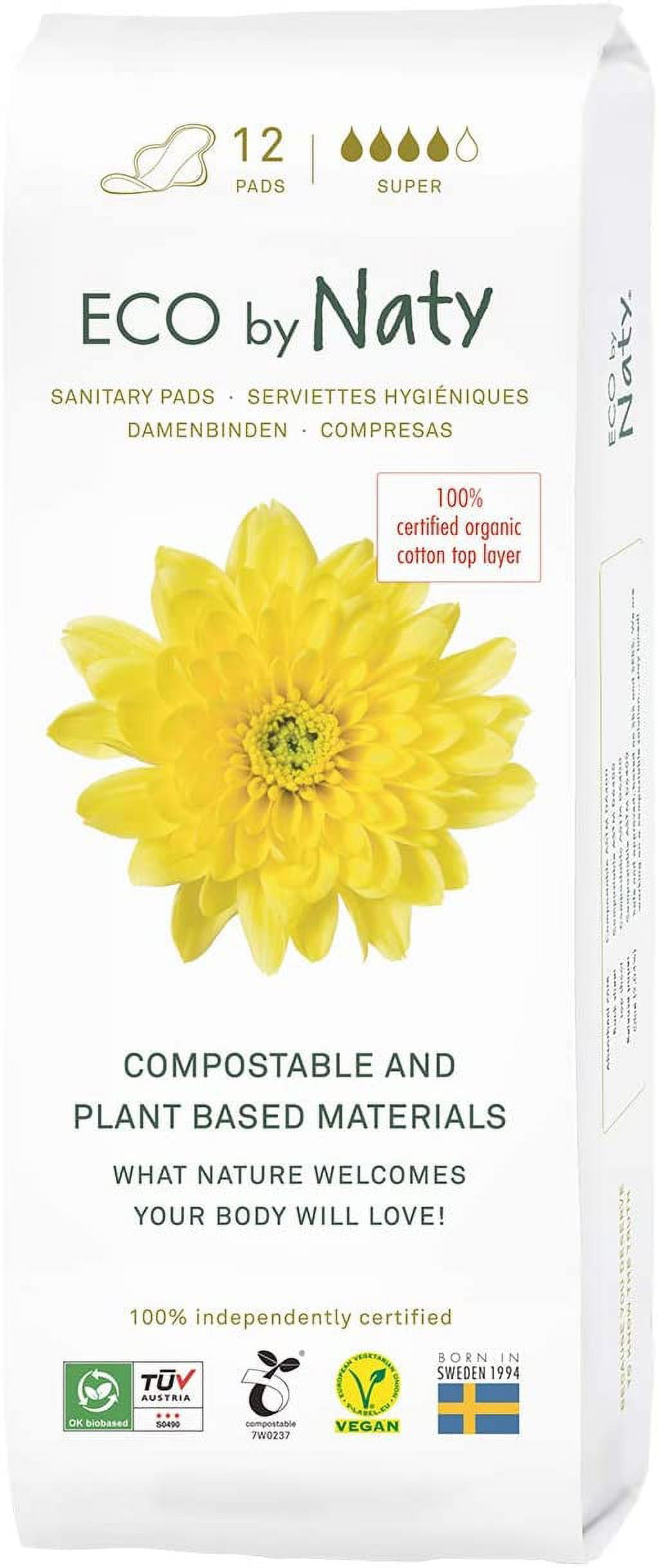 Eco by Naty Compostable Sanitary Pads, Super, 10 Packs Of 12 (120 Pads ...