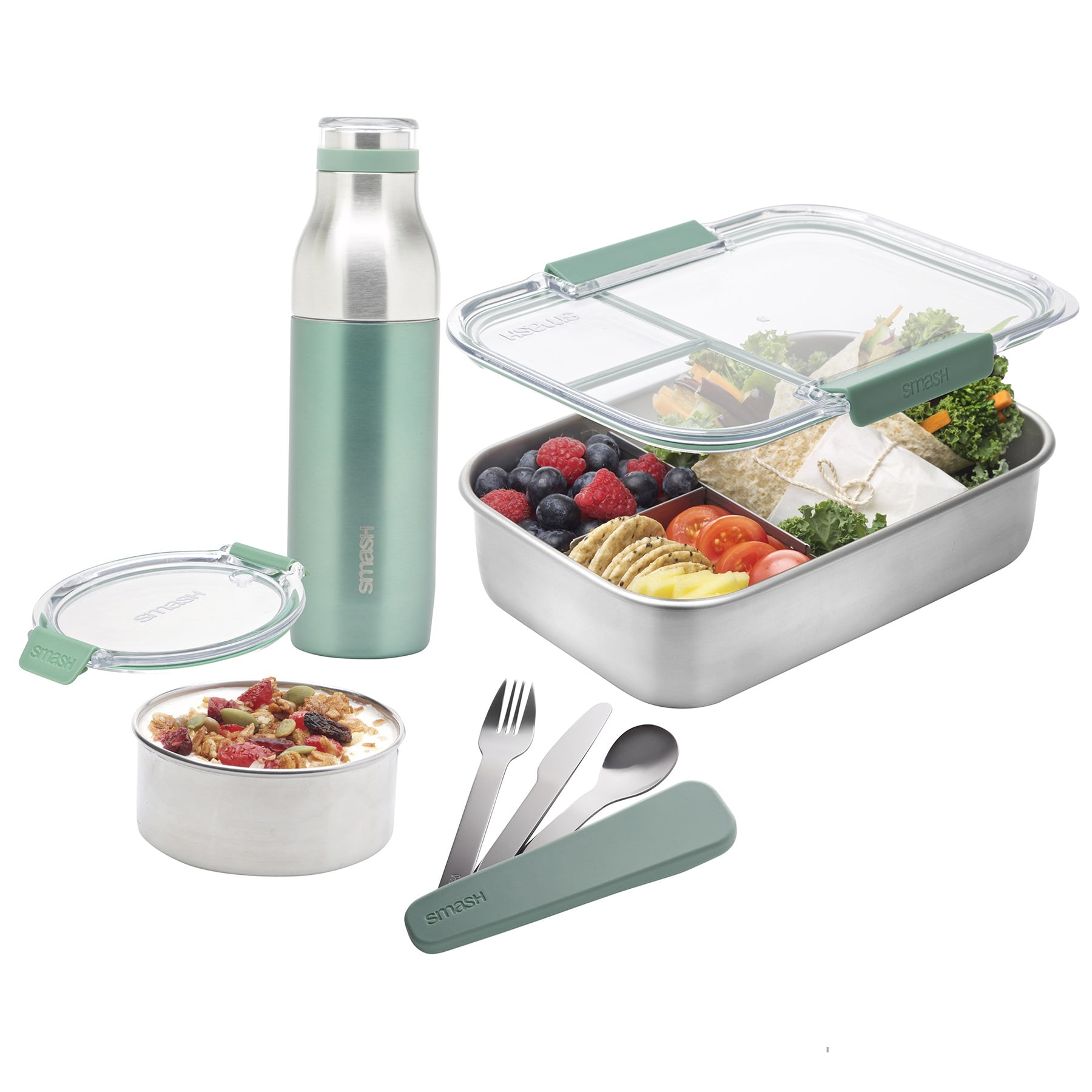 Eco-friendly 8-Piece Lunch Kit - Sage - 3 Compartment Box, Snack Box ...