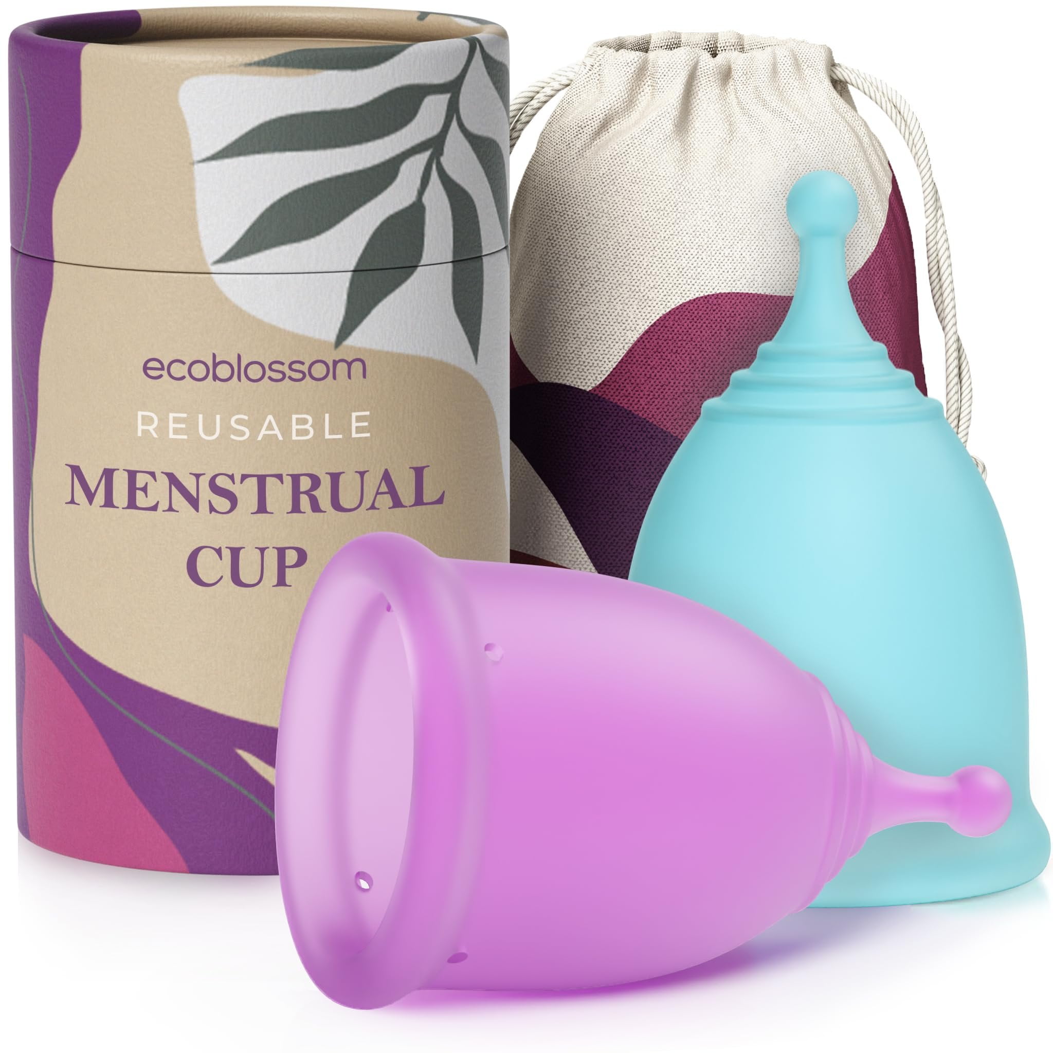 EcoBlossom Reusable Menstrual Cup Set, Medical Grade Silicone, Small and Large, 12-Hour Use ...