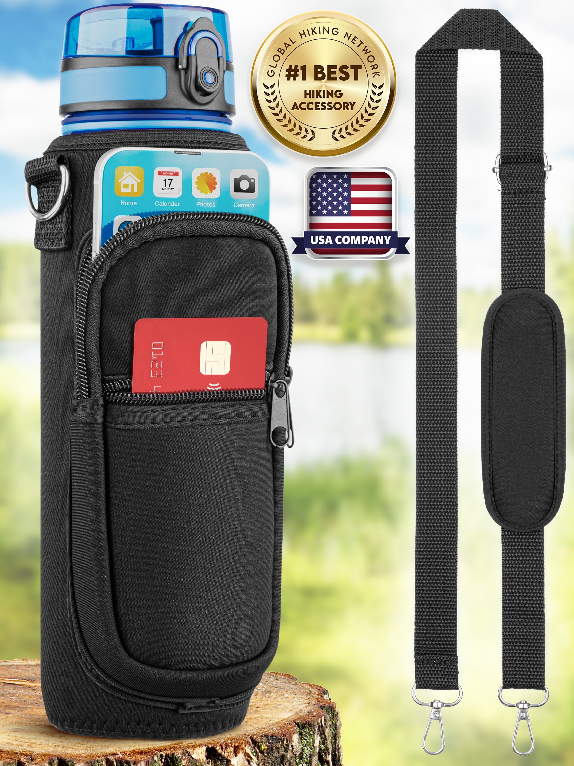 EcoEarth Neoprene Water Bottle Holster with Pocket, Adjustable Shoulder Strap for Hiking ...